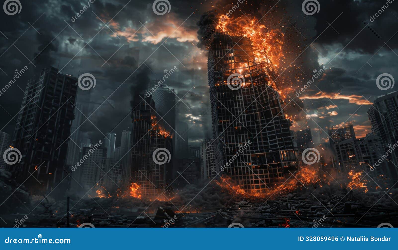 Apocalyptic City with Huge Building on Fire and Dark Sky Stock Photo ...