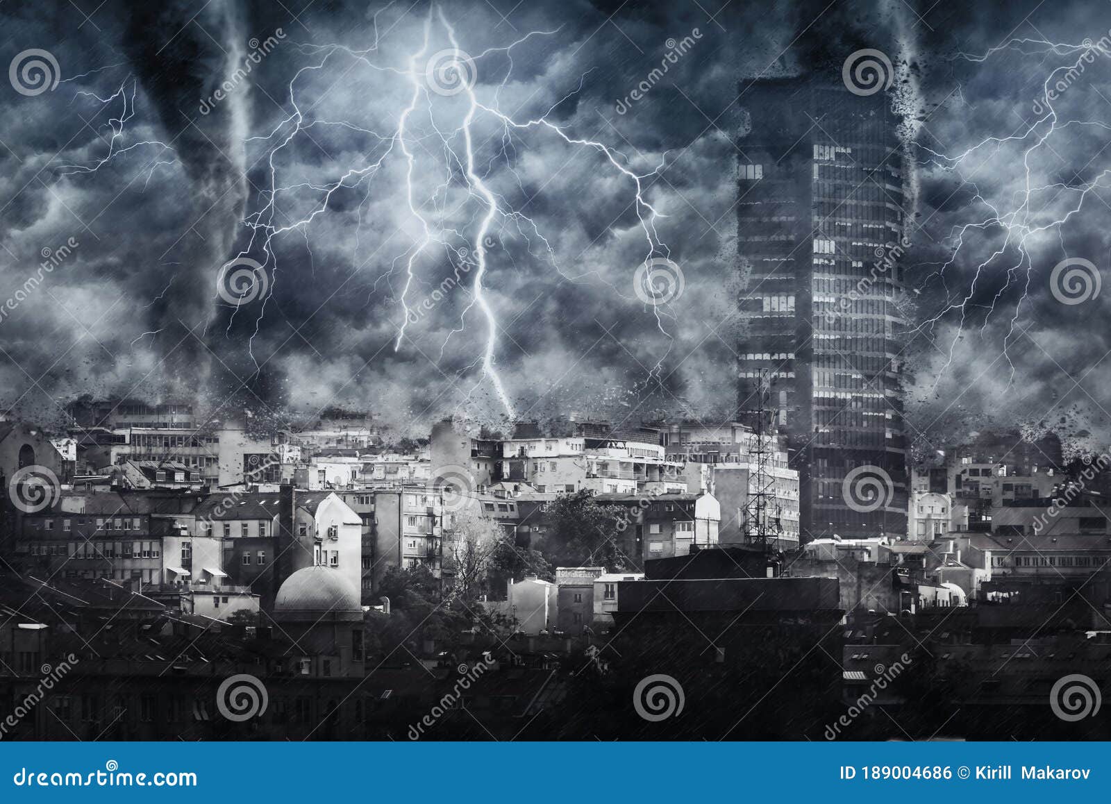 Apocalyptic Cityscape with Tornado, Heavy Rain and Lighting. Digital ...