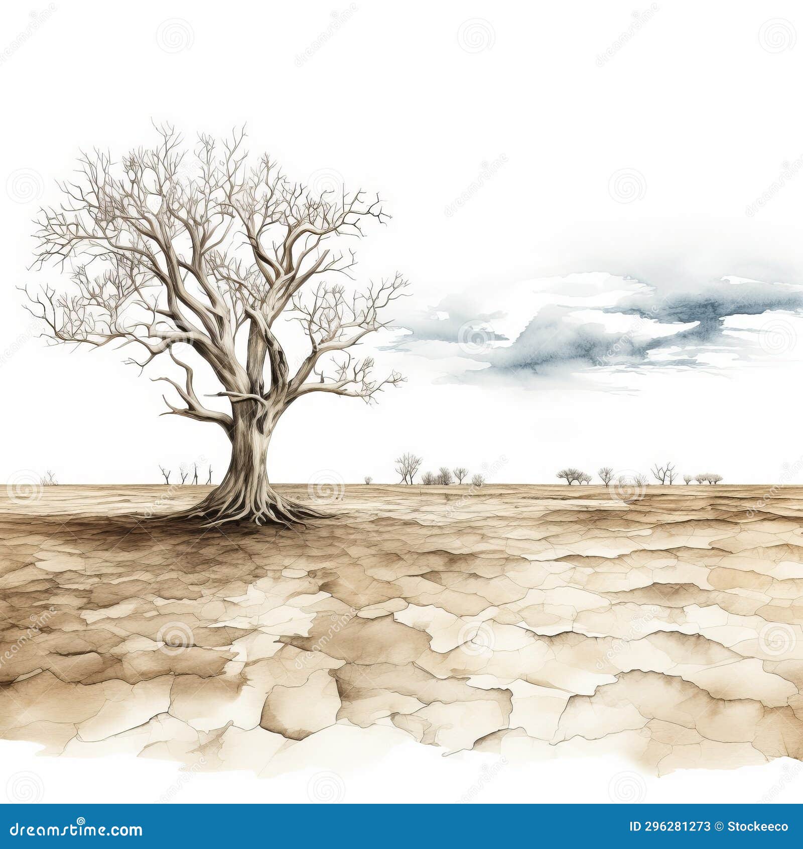 Apocalyptic Collage: Lone Tree in Desert - Hyper-realistic Water Sketch ...