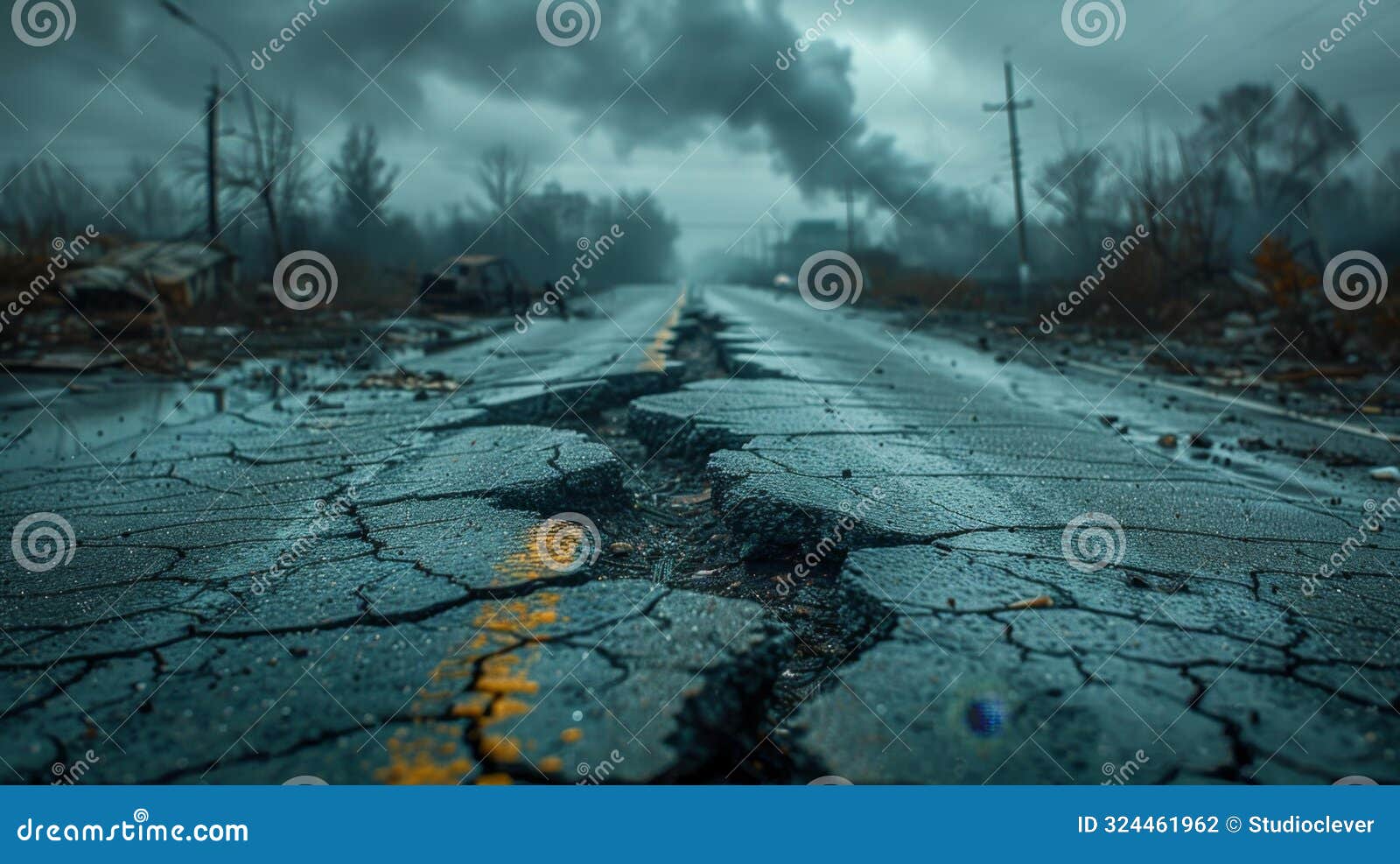 Apocalyptic Cracked Road with Smoke in Background, Generative AI Stock ...