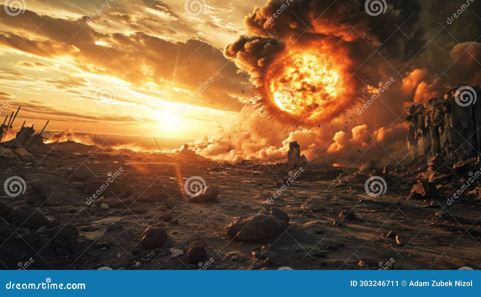 Apocalyptic Explosion in a Devastated Cityscape at Sunset Stock ...