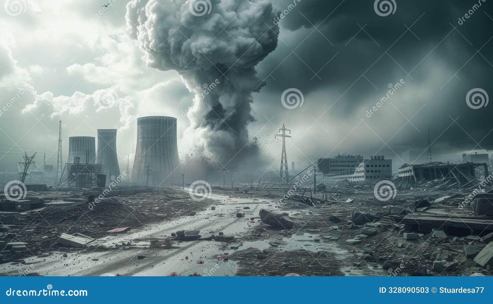 Apocalyptic Landscape With A Massive Explosion In The Background ...