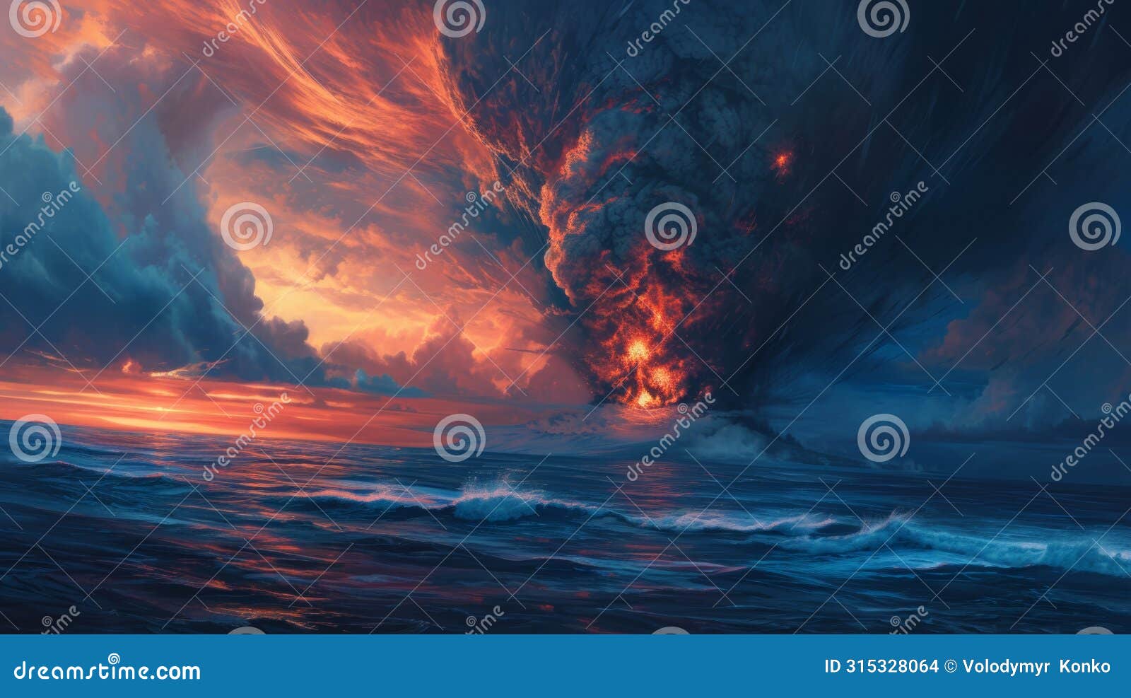 Apocalyptic Ocean Scene with Explosive Volcanic Eruption Stock Photo ...