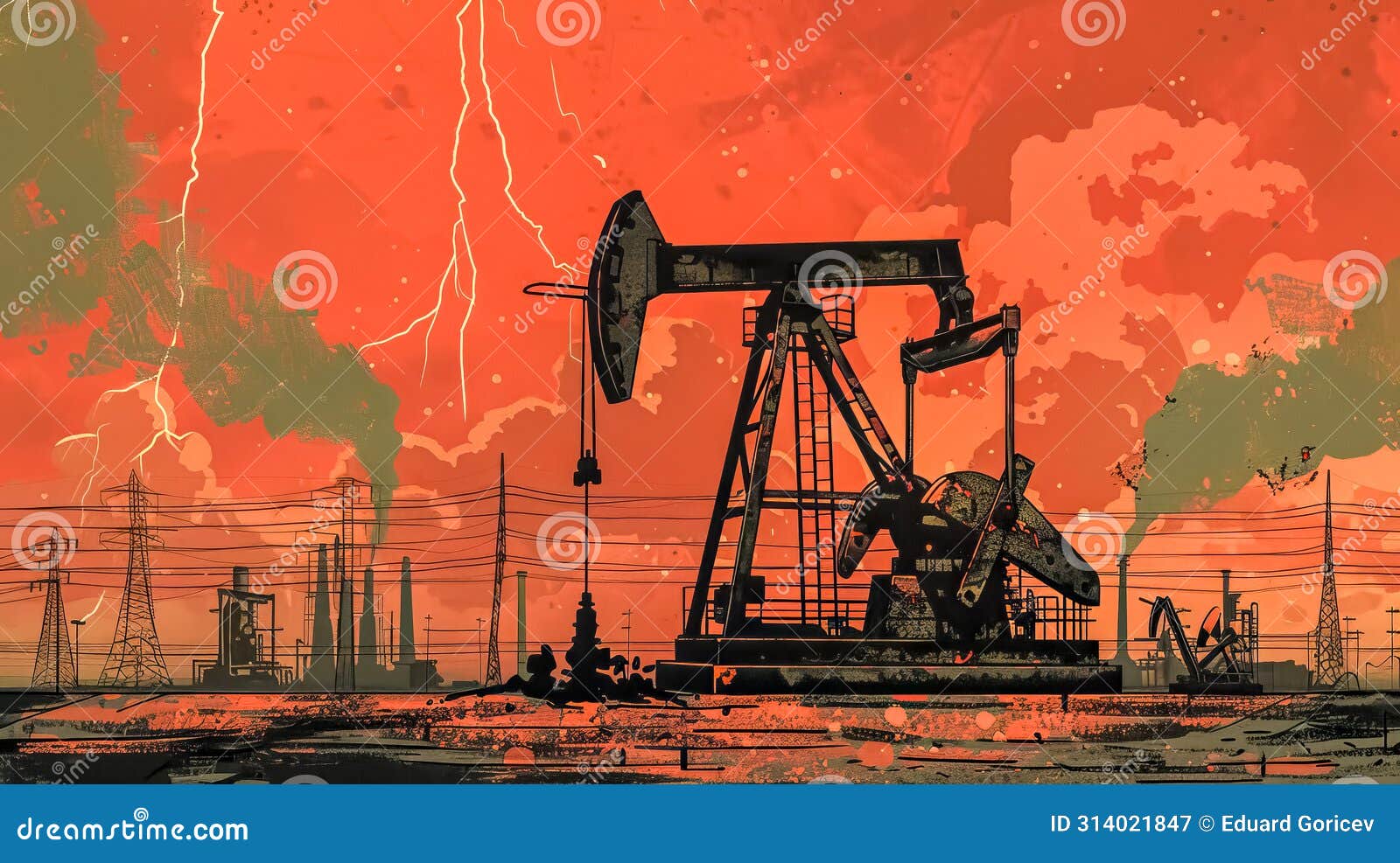 Apocalyptic Oil Rig Landscape with Lightning Stock Image - Image of ...