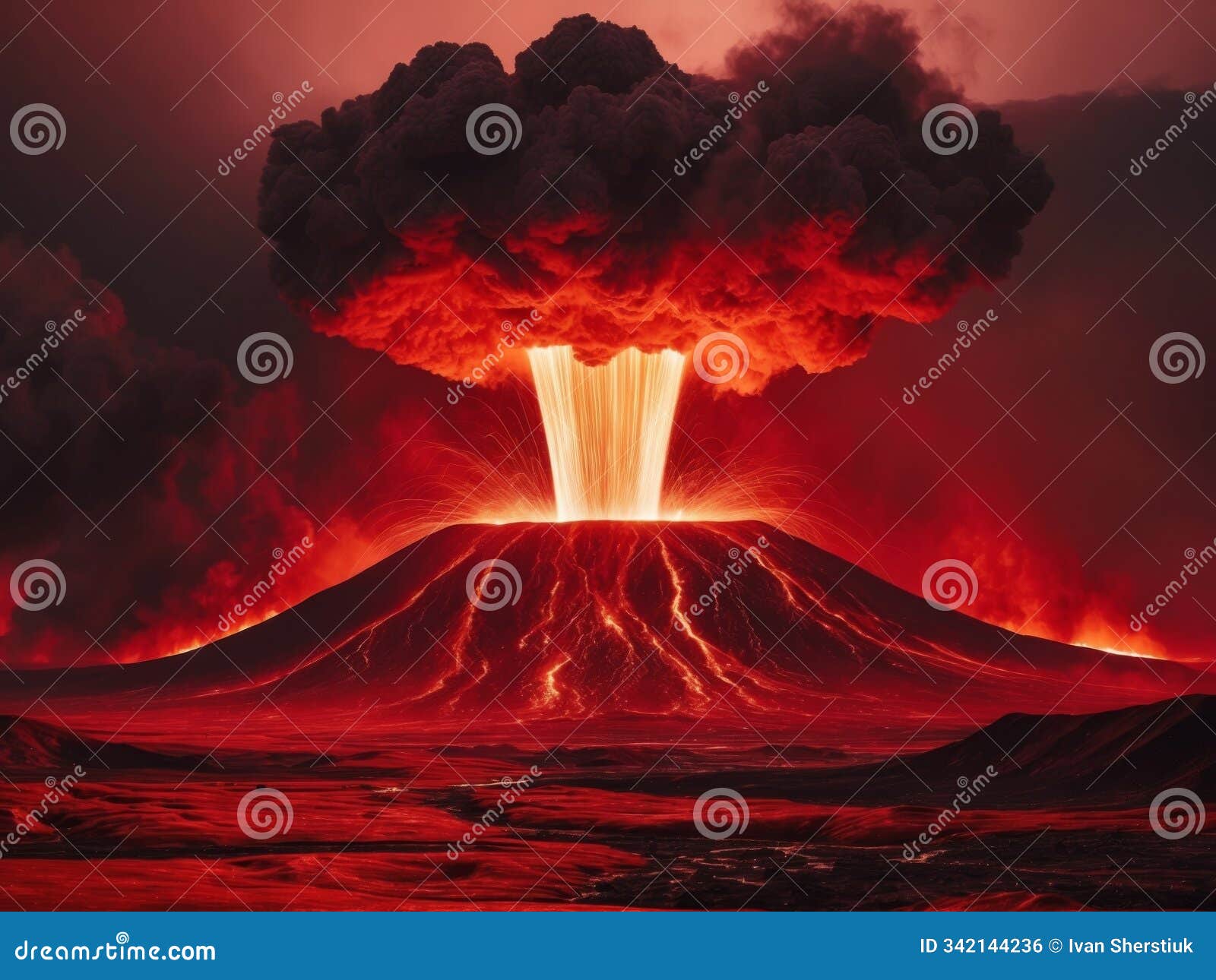 Apocalyptic Red Landscape with Explosive Eruption and Bright Light ...