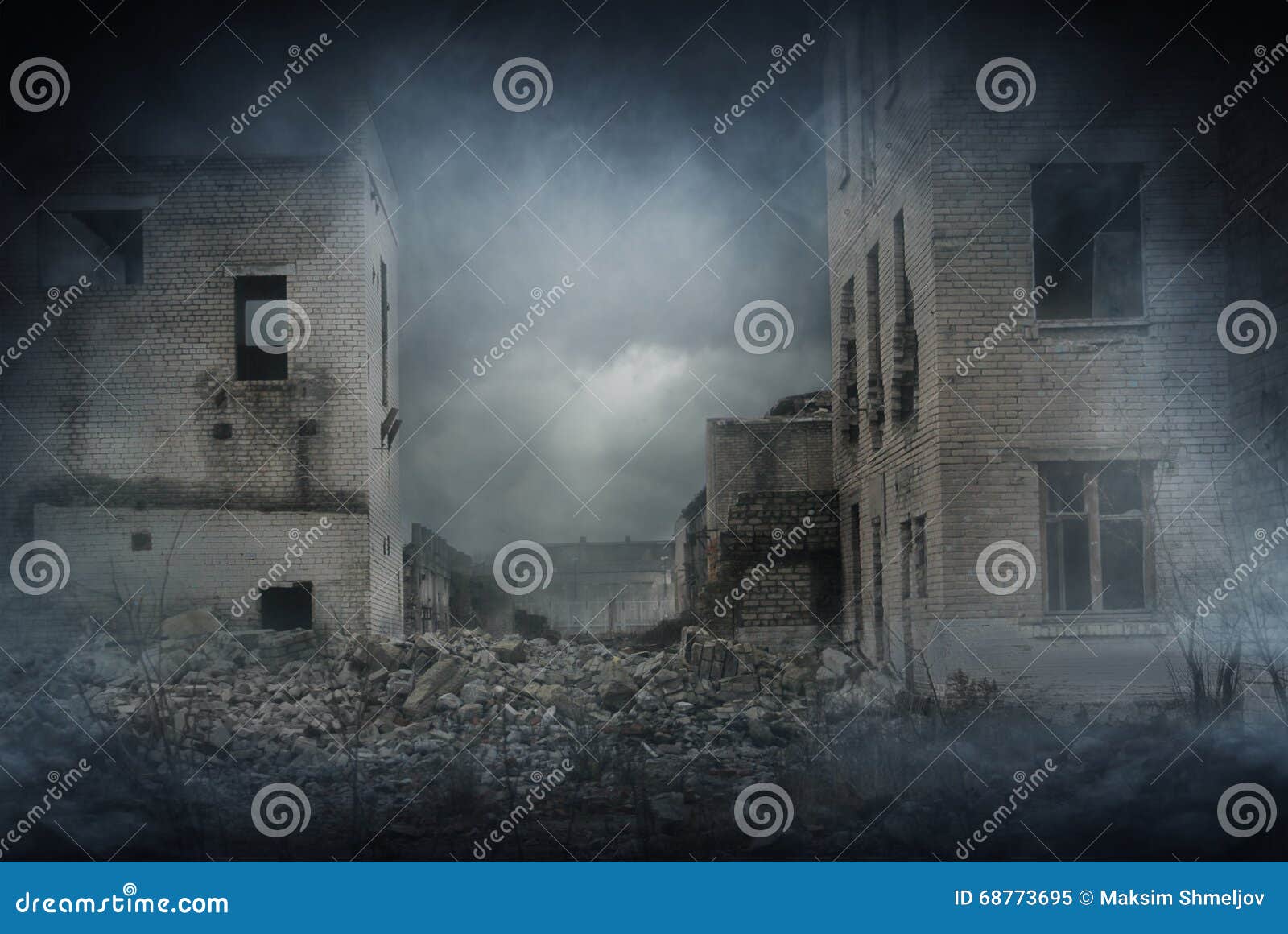 Apocalyptic Ruins Of The City. Disaster Effect. Night Scene. City ...