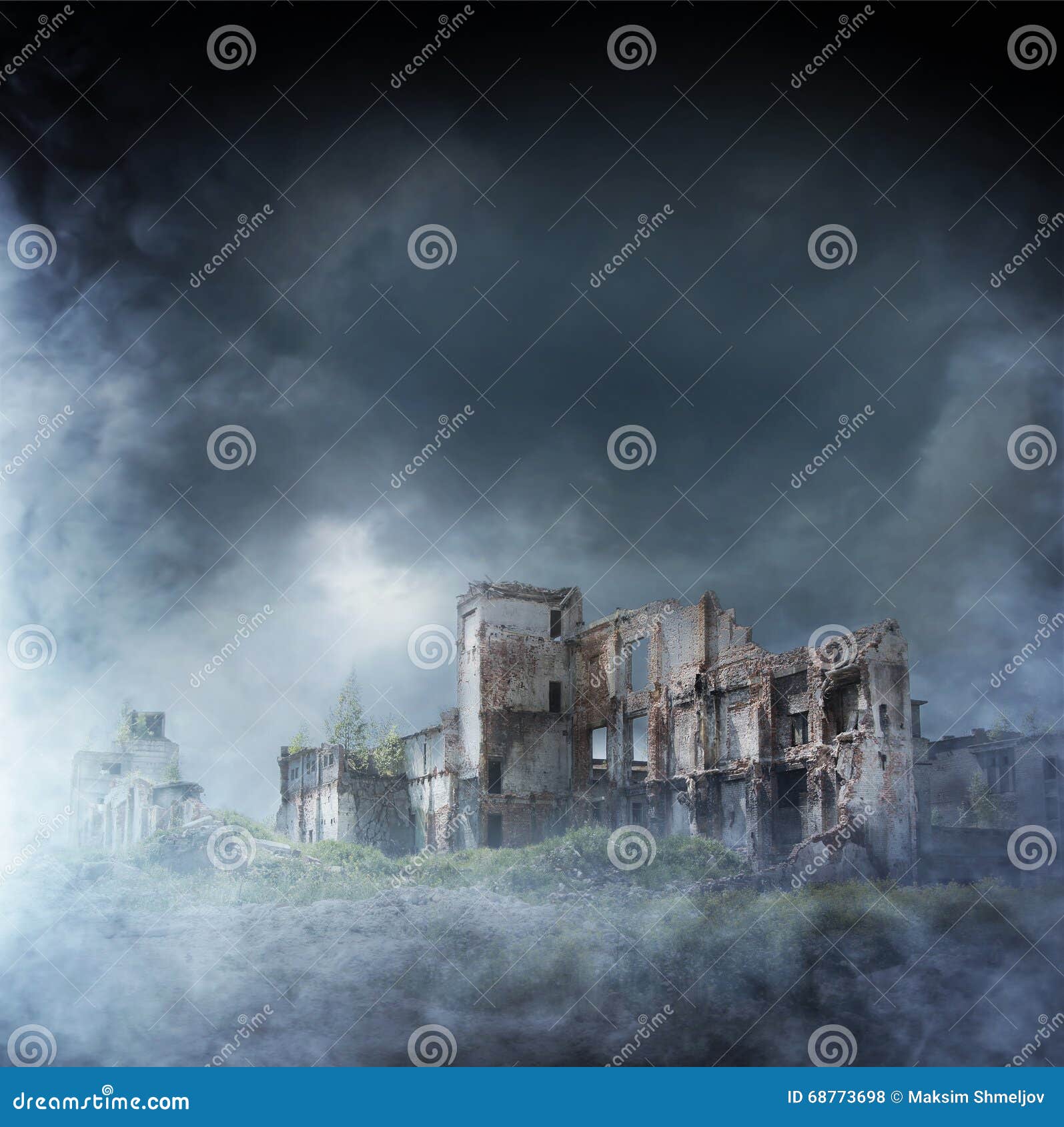 Apocalyptic Ruins Of The City. Disaster Effect. Night Scene. City ...
