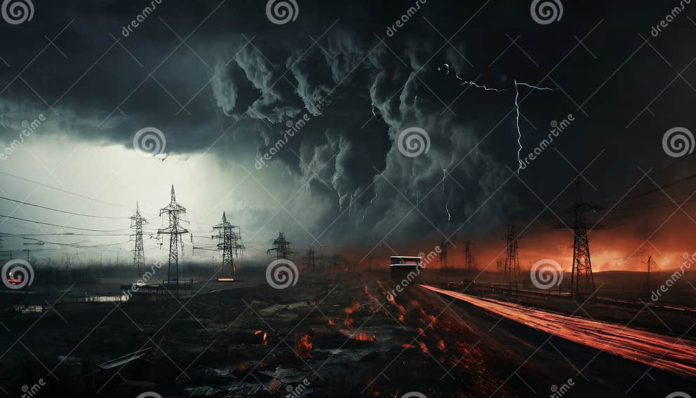 Apocalyptic Storm Over Powerlines with Dark Clouds and Lightning Stock ...