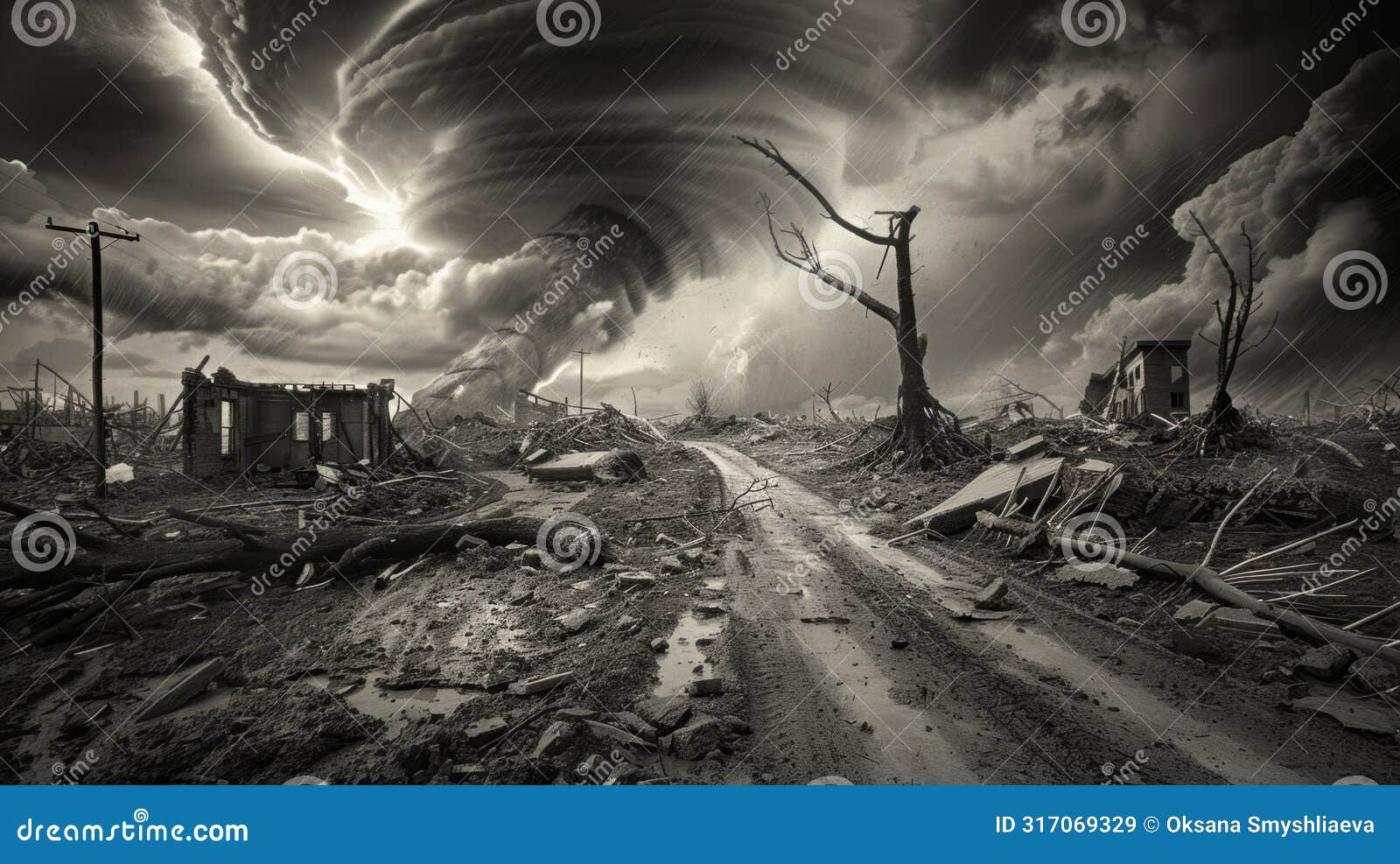 Apocalyptic Tornado Destruction Black and White Landscape Stock Image ...