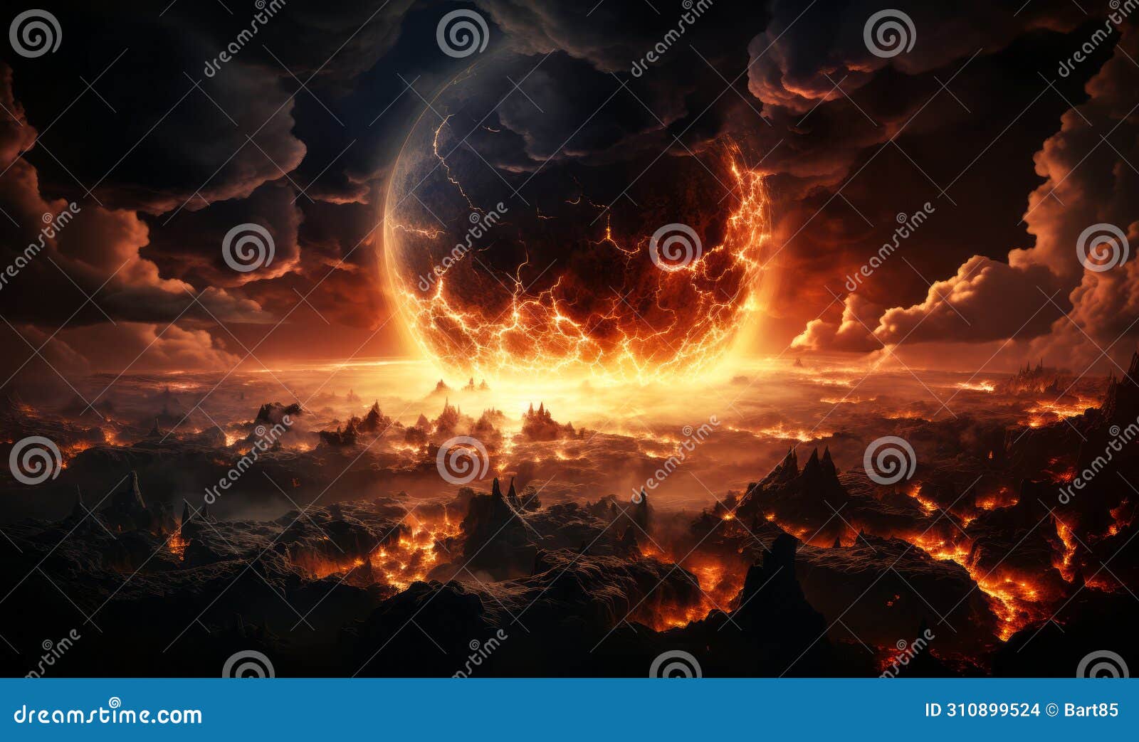 Apocalyptic Vision of Earth with Explosive Impact Causing Fiery ...