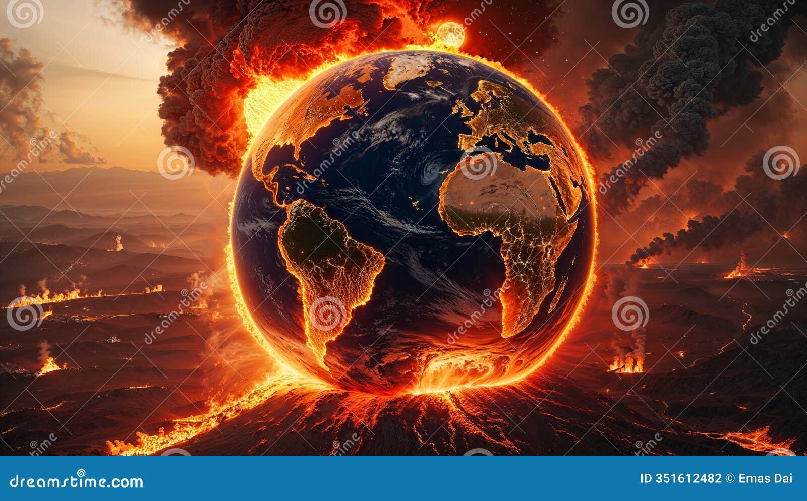 Apocalyptic Vision of Earth in Flames and Explosions Stock Illustration ...