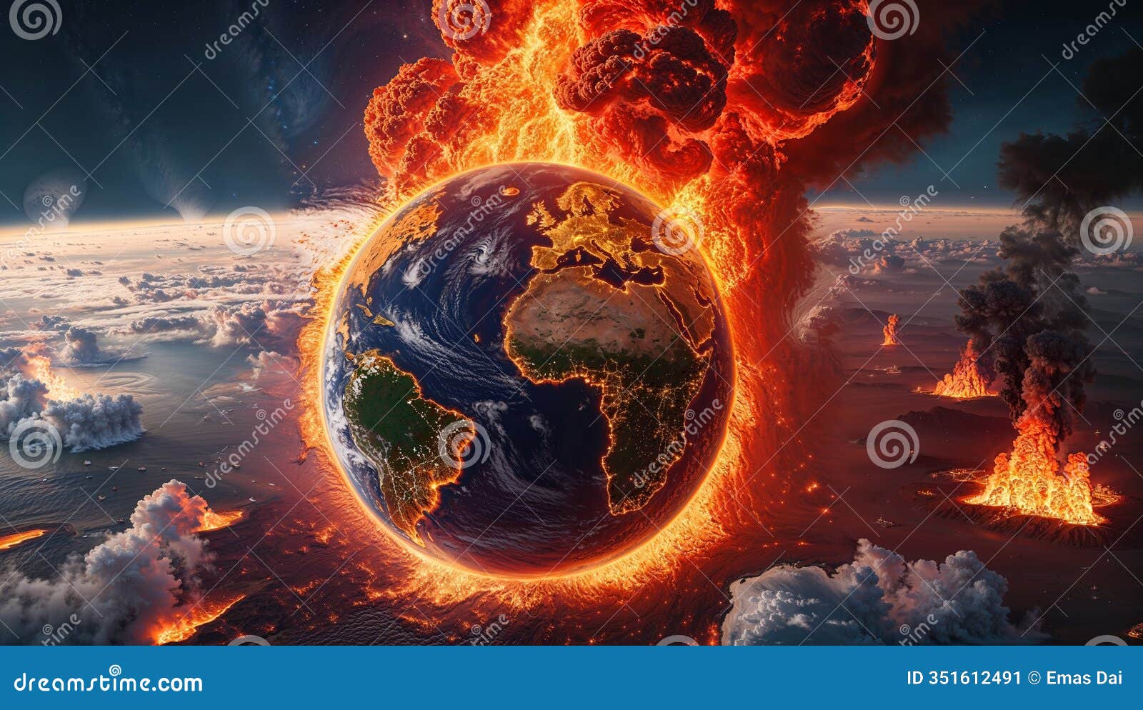 Apocalyptic Vision of Earth in Flames and Explosions Stock Illustration ...