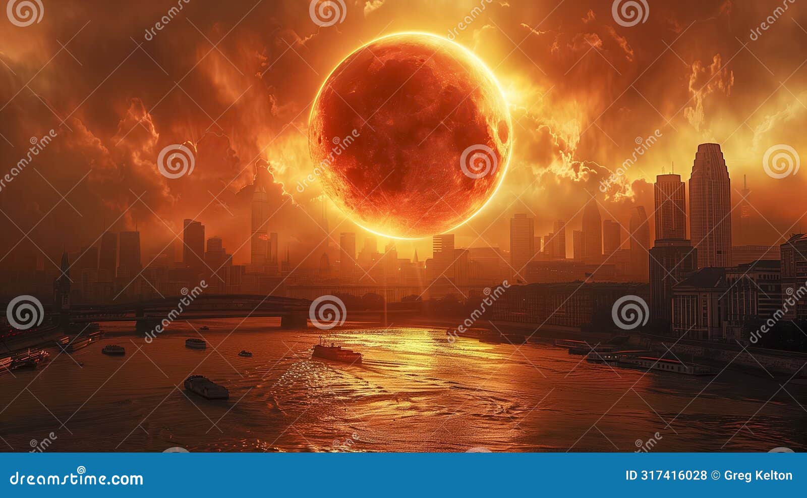 Apocalyptic Vision of a Giant Red Sun Setting Behind a Silhouetted ...
