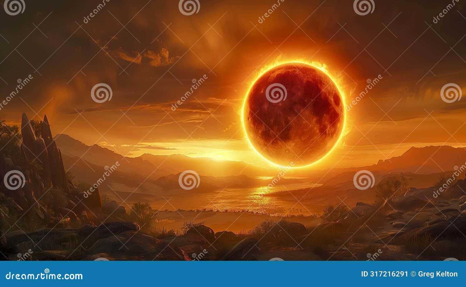 Apocalyptic Vision of a Giant Red Sun Setting Behind a Silhouetted ...