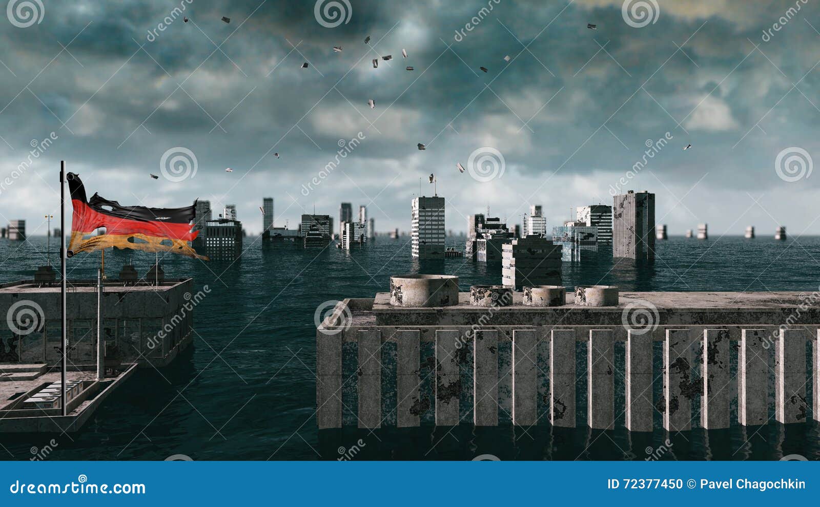 Apocalyptic Water View. Urban Flood Germany Flag. Storm Stock Photo ...