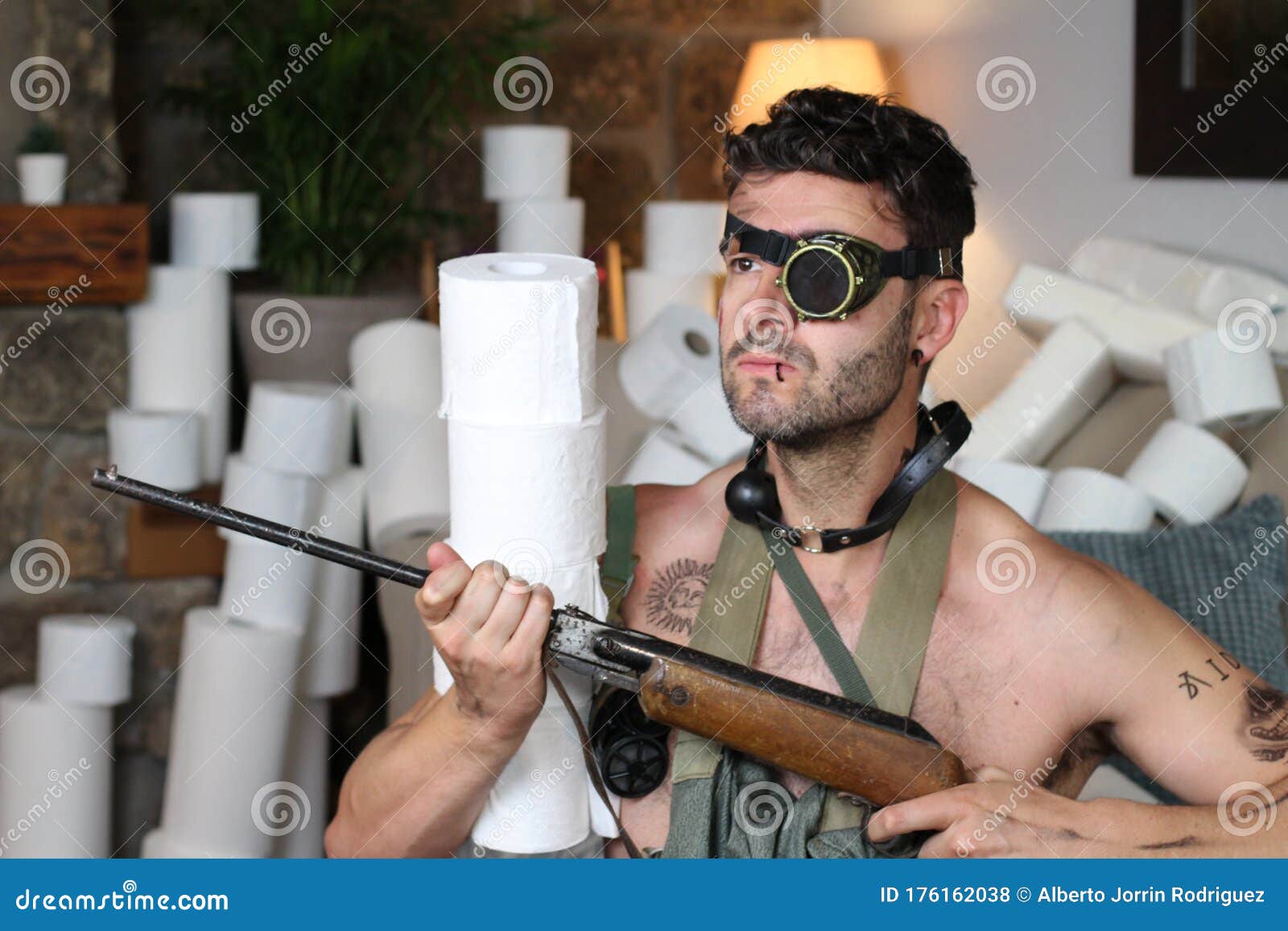 Apocalyptical Looking Man Stocking Up Toilet Paper at Home Stock Photo ... Apocalyptical Looking Man Stocking Up Toilet Paper at Home Stock Photo ...