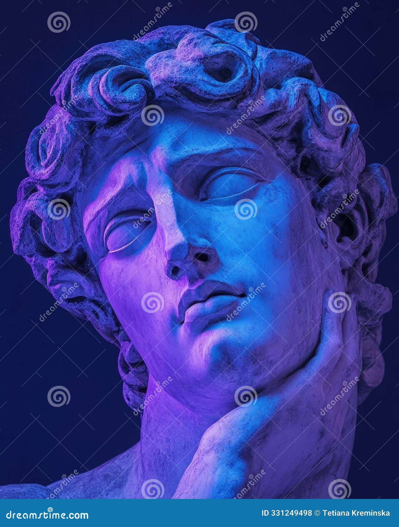 Apollo Statue Head in Thoughtful Pose with Neon Lighting on Deep Violet ...