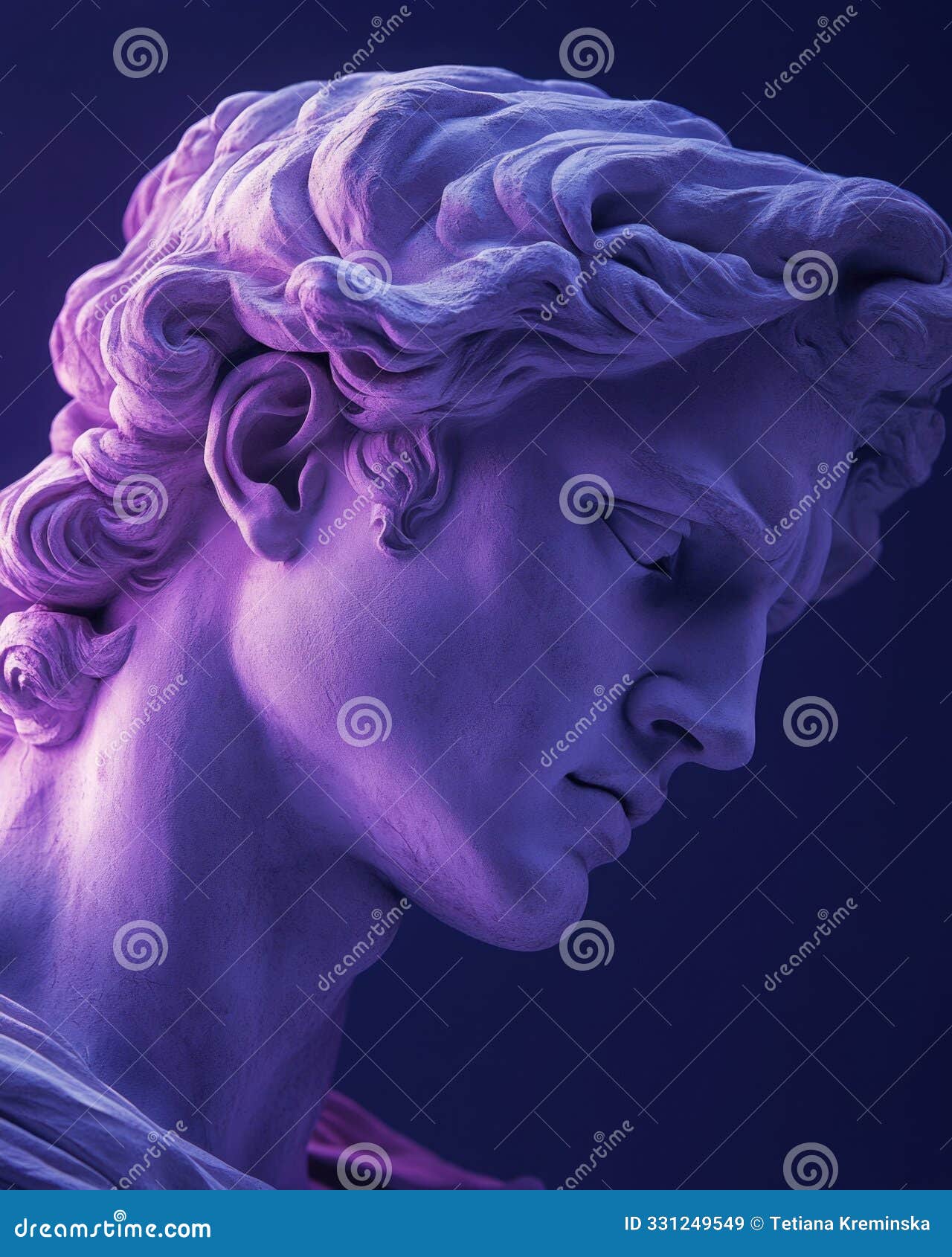 Apollo Statue Head in Thoughtful Pose with Neon Lighting on Deep Violet ...