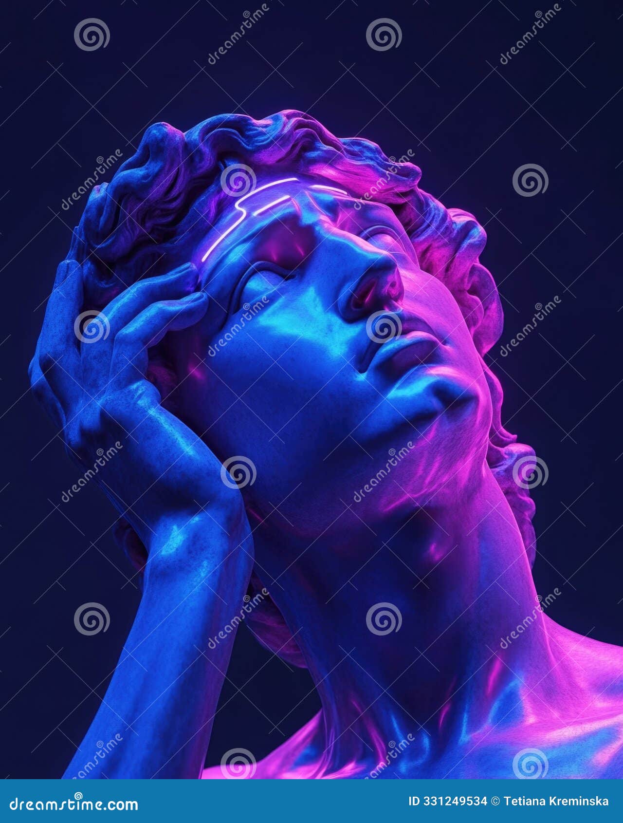 Apollo Statue Head in Thoughtful Pose with Neon Lighting on Deep Violet ...