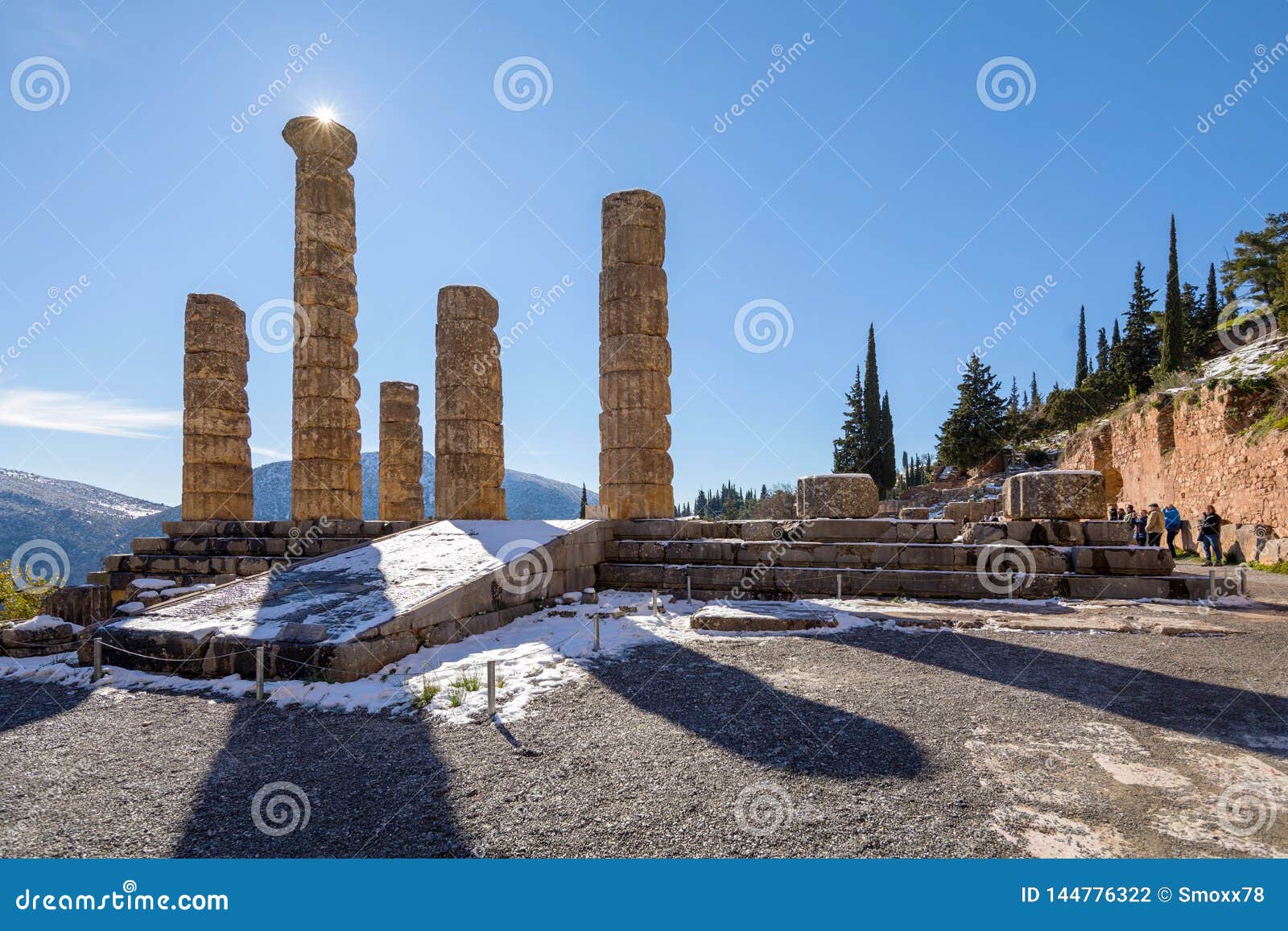 The Apollo Temple Ruins with Snow in Delphi, Greece Stock Photo - Image ...