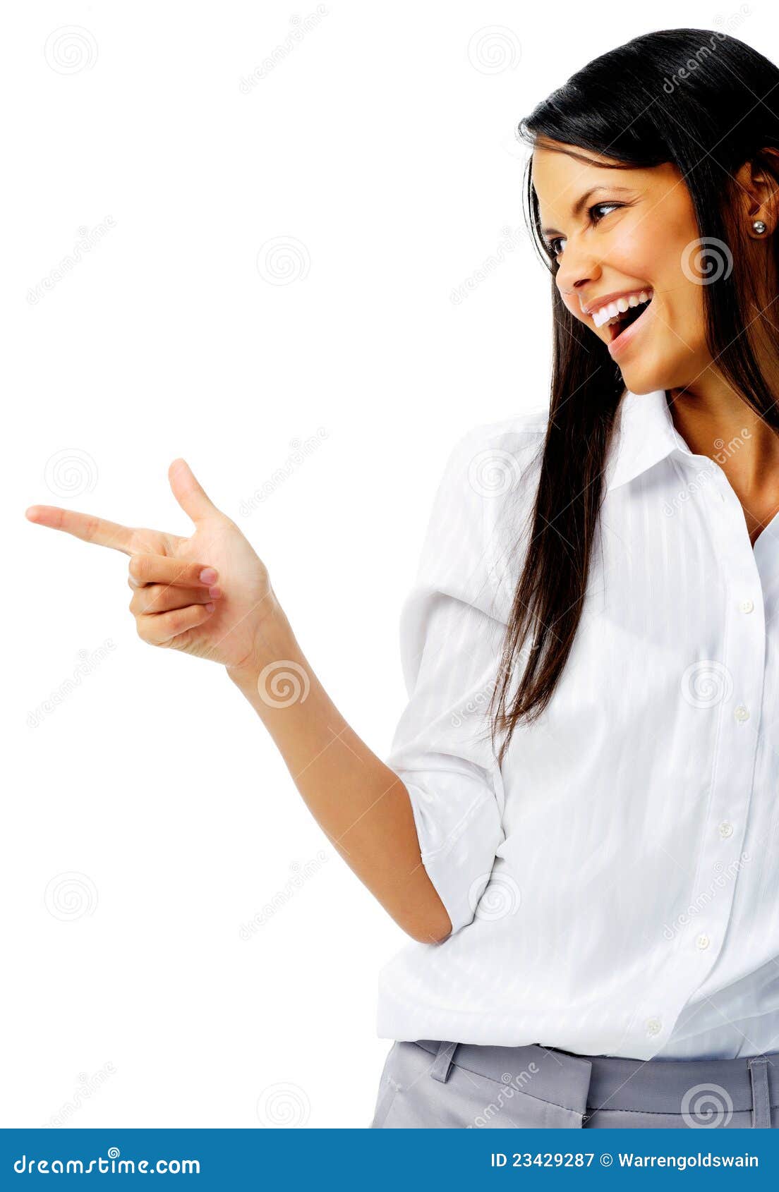 Apontar feliz da mulher imagem de stock. Imagem de promova - 23429287