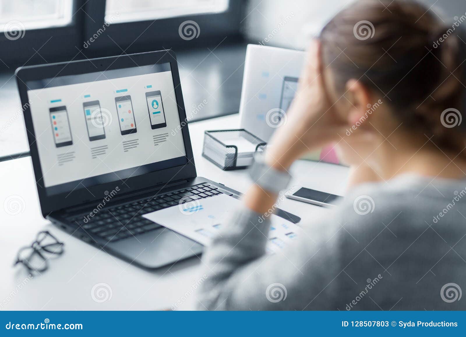 Stressed Designer with User Interface on Laptop Stock Image - Image of ...
