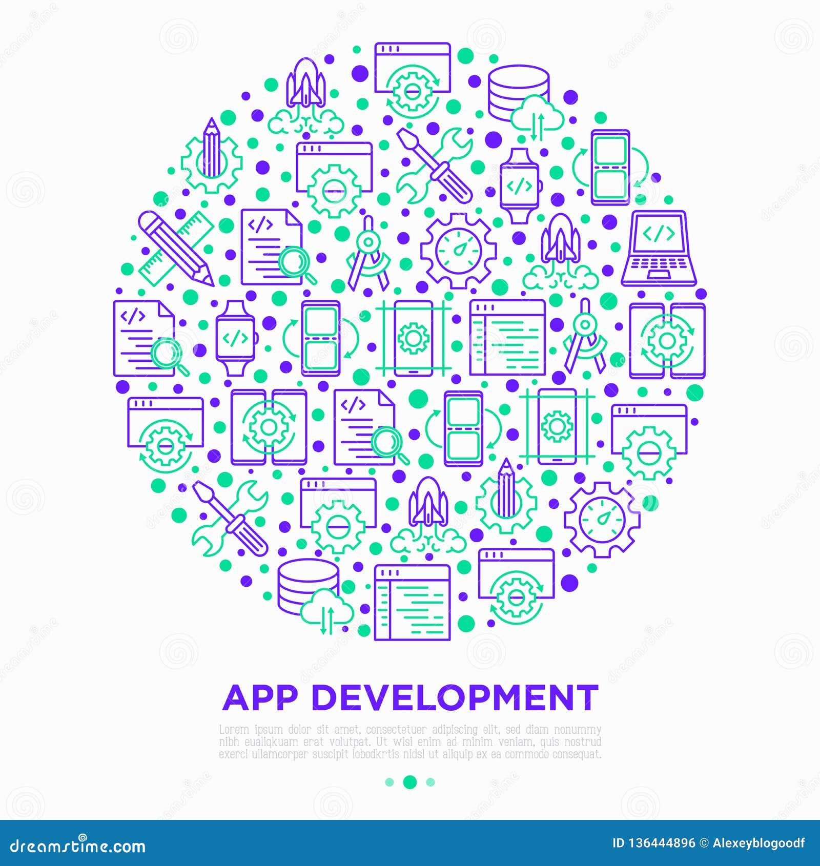 App Development Concept in Circle with Thin Line Icons: Writing Code ...