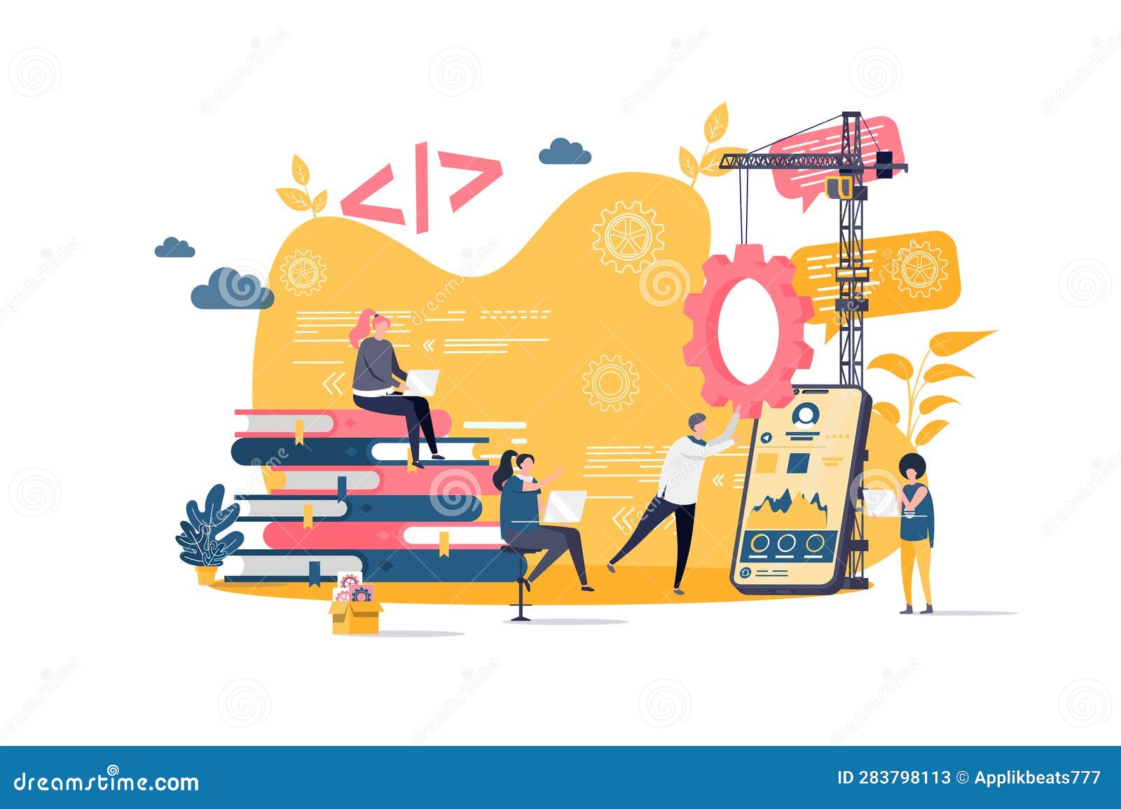 App Development Concept in Flat Style. Developers Team Creating Mobile App Scene Stock Vector ...