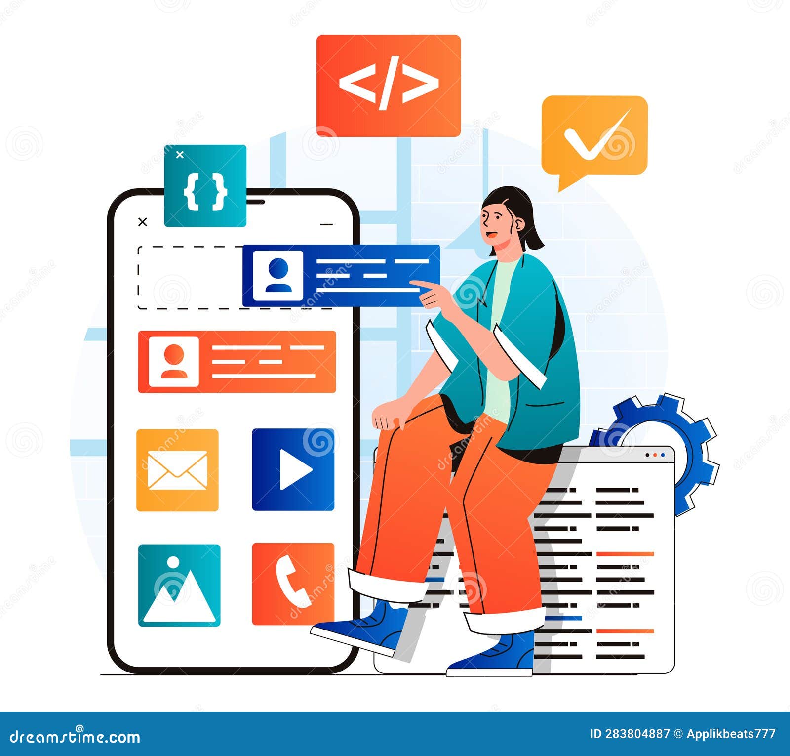 App Development Concept in Modern Flat Design. Developer Places Buttons at Layout of Application ...