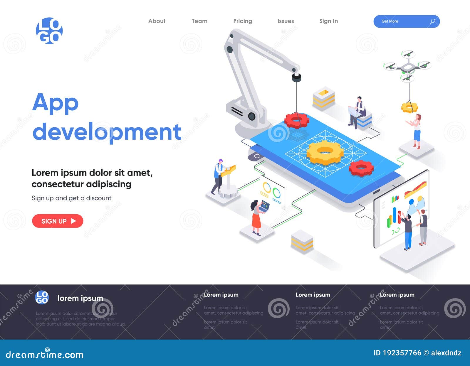 App Development Isometric Landing Page Ui Ux Design Prototyping Engineering And Programming