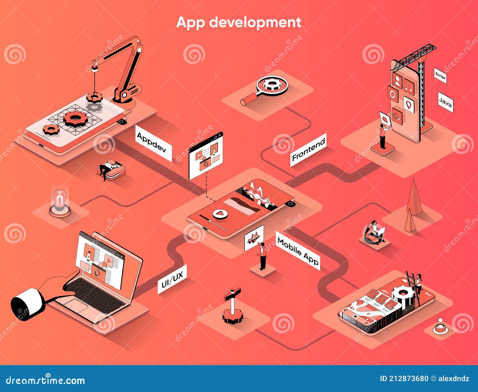 App Development Isometric Web Banner Programming Smartphone Mobile Or Computer Application Flat