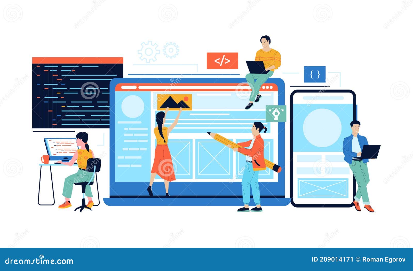 App Development. Web Page Content Management. Project Coding and Programming Concept. Workers ...