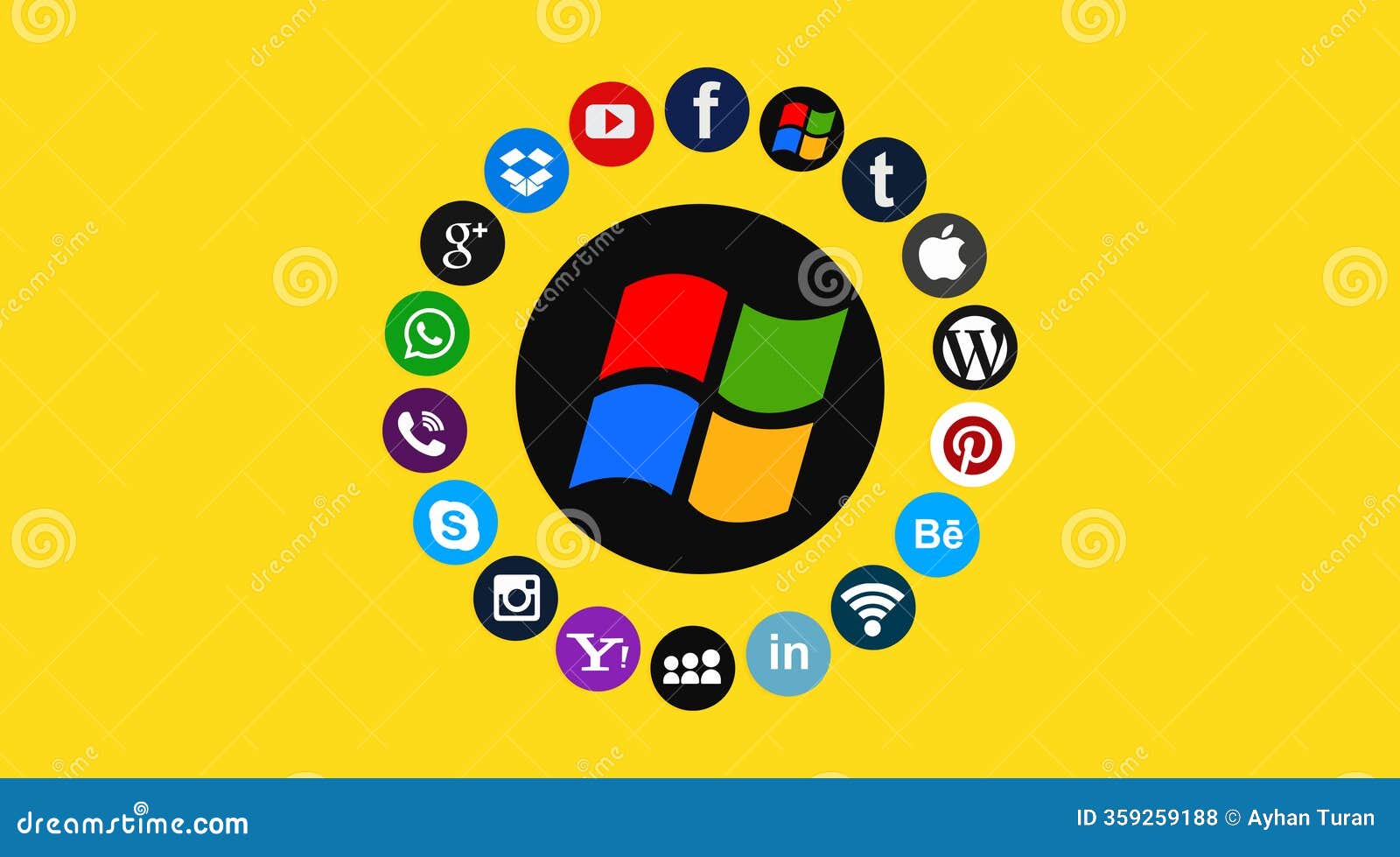 App Icons In A Circle, Windows Logo Center, Yellow Background, Flat ...