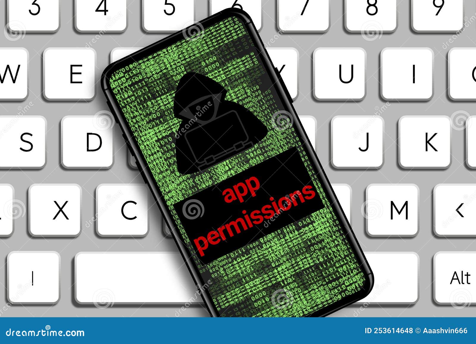 App Permission Word and Hacker Icon in Mobile Phone with Digital Code ...