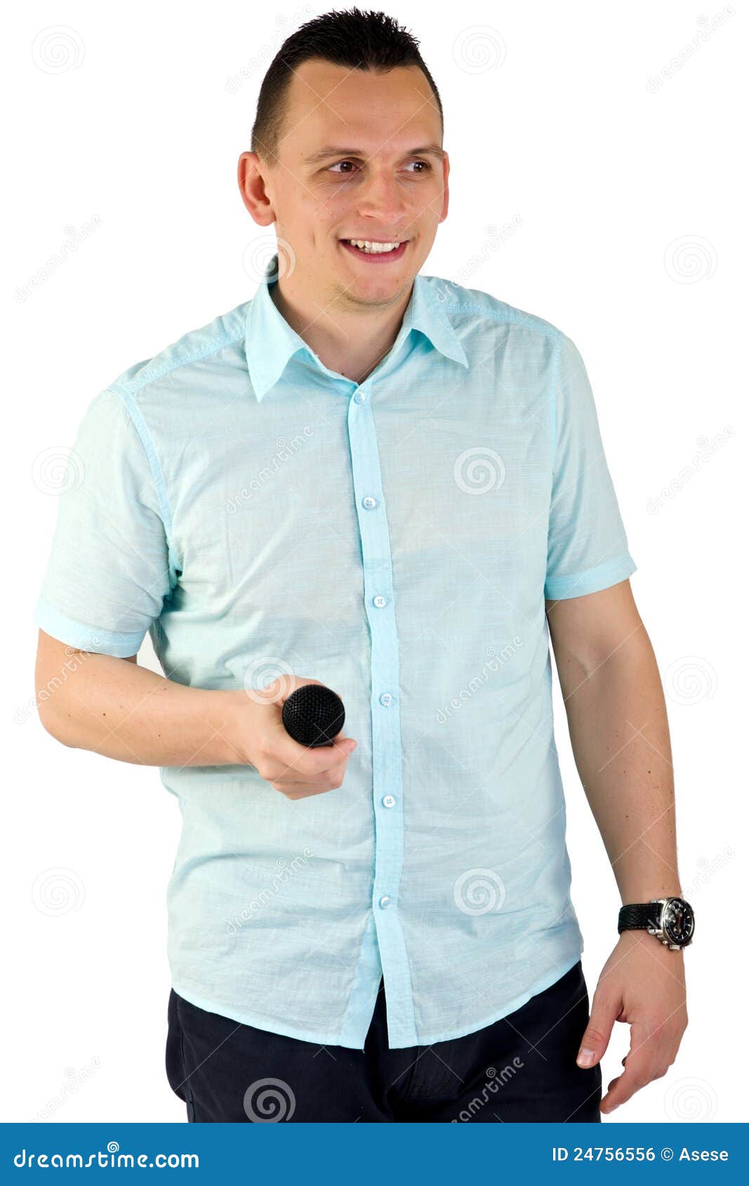 Appealing Man with a Microphone Stock Photo - Image of white, isolated ...