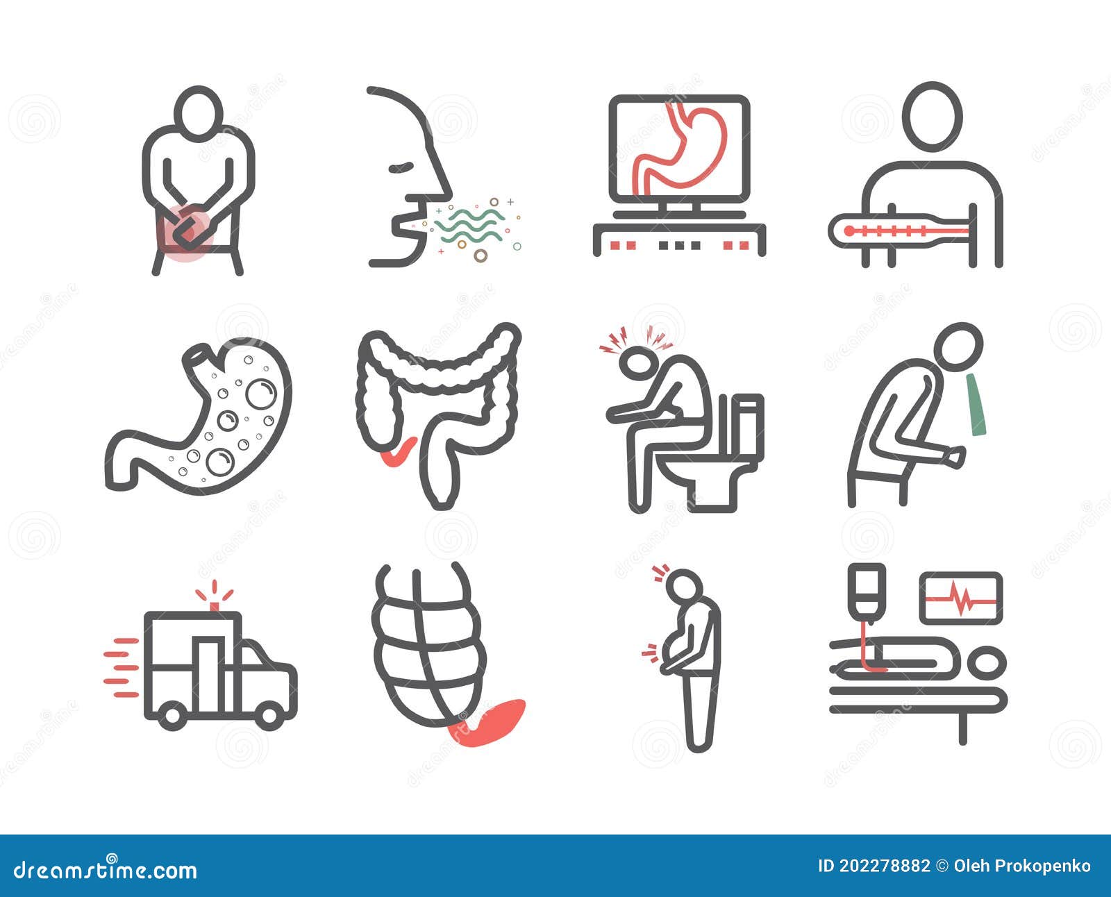 Appendicitis. Symptoms, Treatment. Line Icons Set. Vector Signs for Web ...