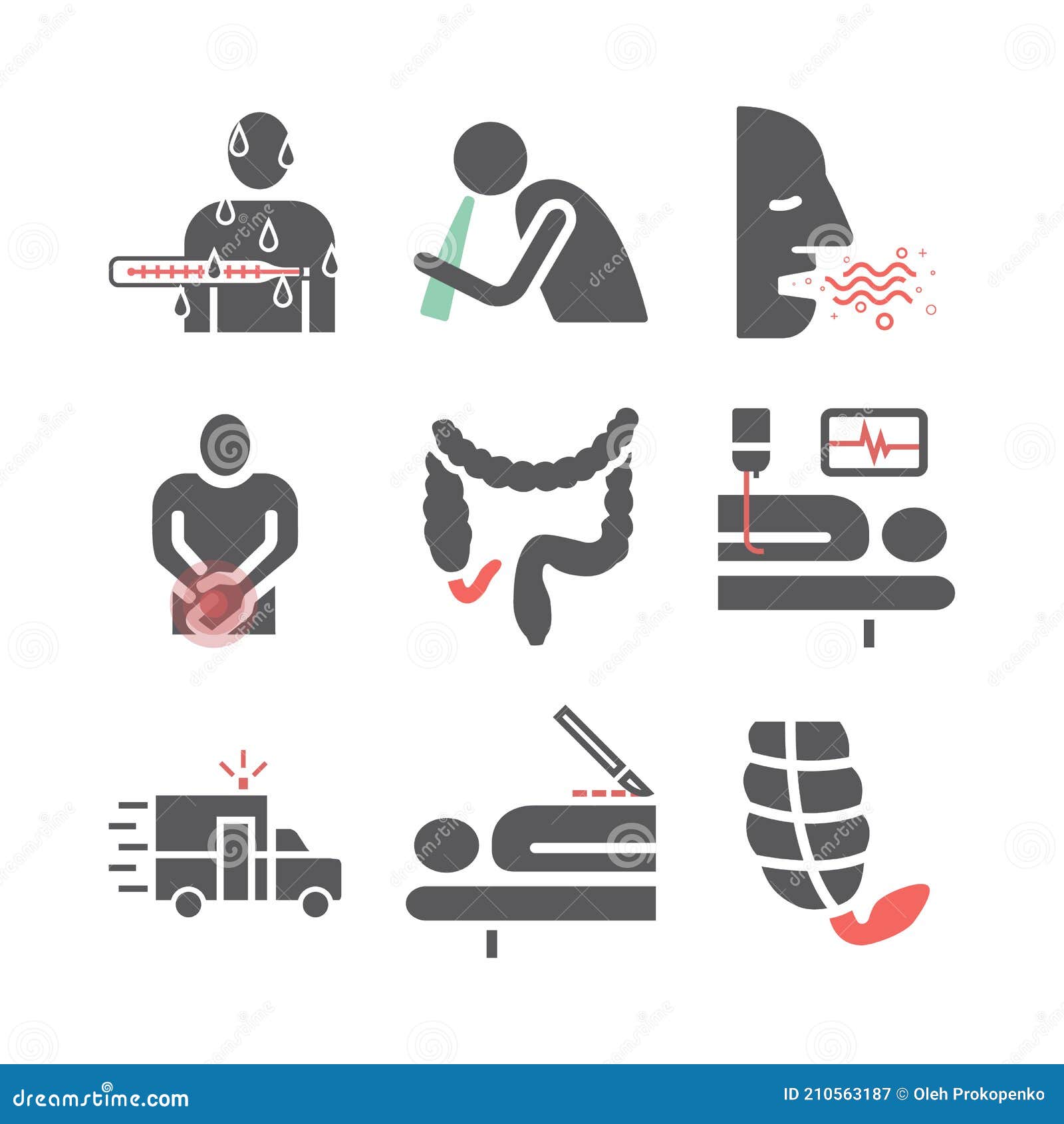 Appendicitis. Symptoms, Treatment. Line Icons Set. Vector Signs for Web ...