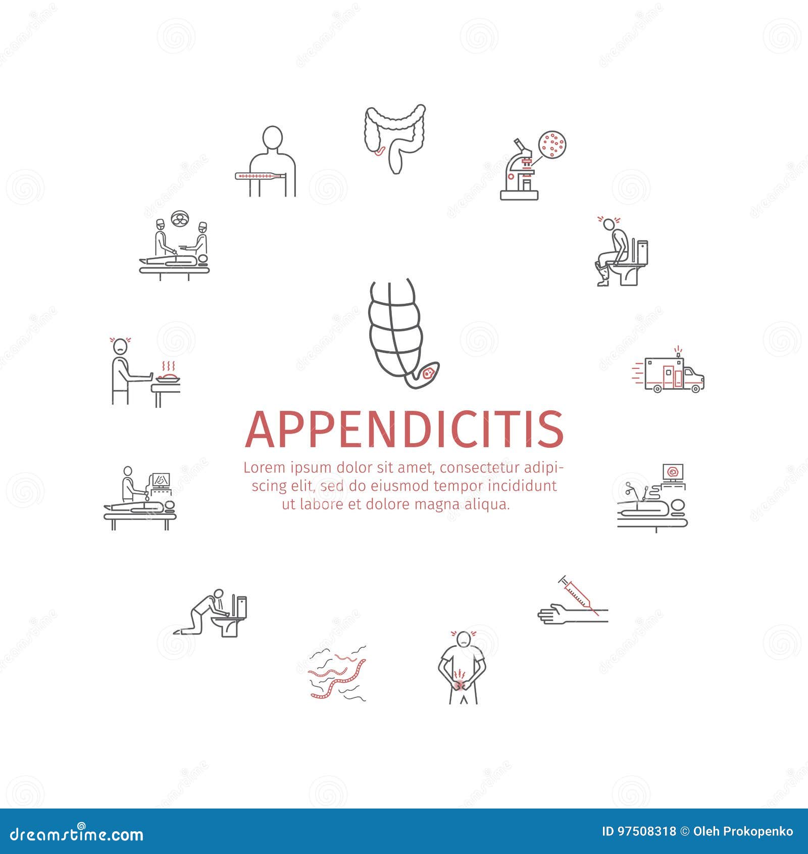 Appendicitis Symptoms Treatment Line Icons Set Stock Vector