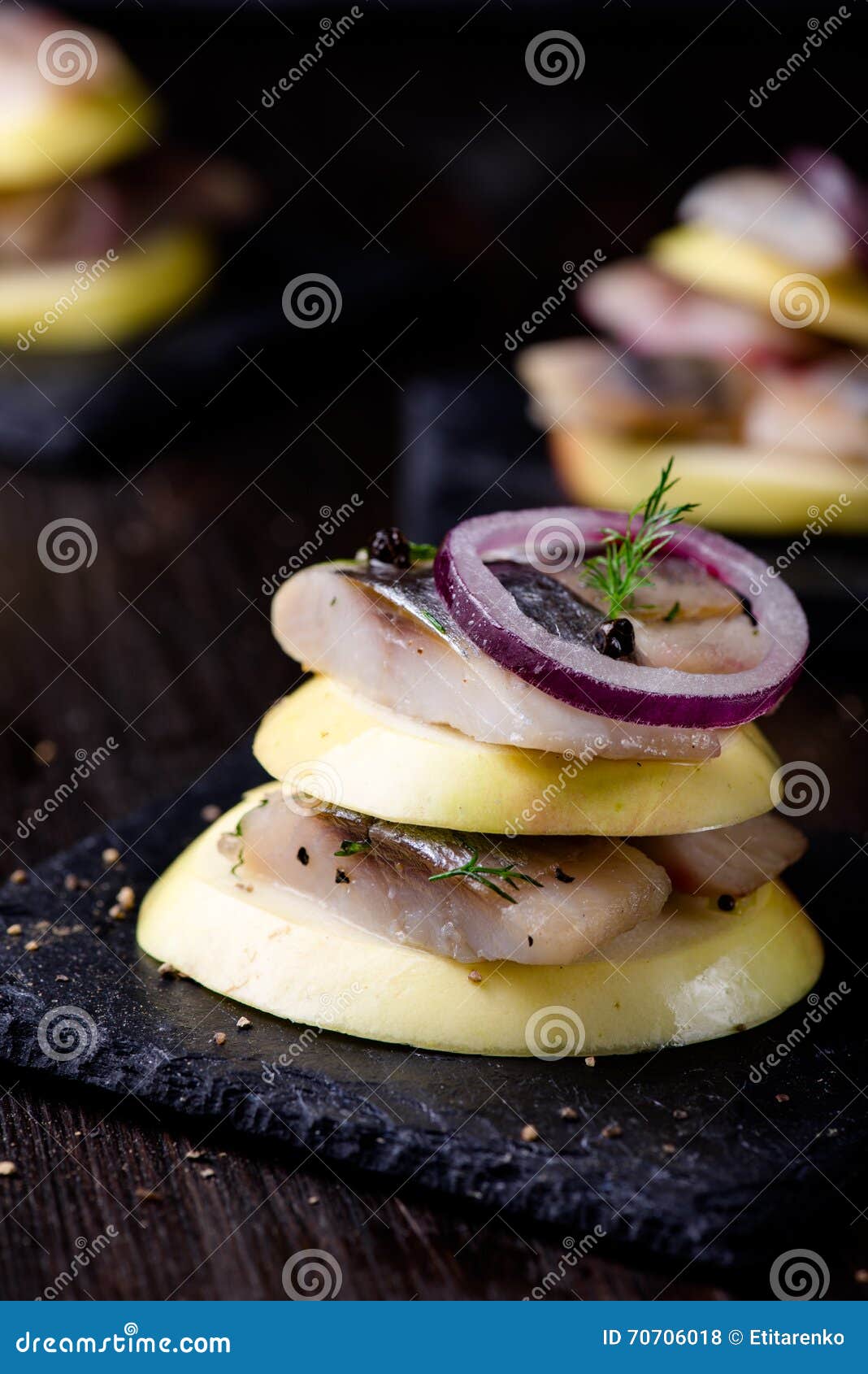 Appetizer Canape with Herring, Apples Stock Photo - Image of cuisine ...