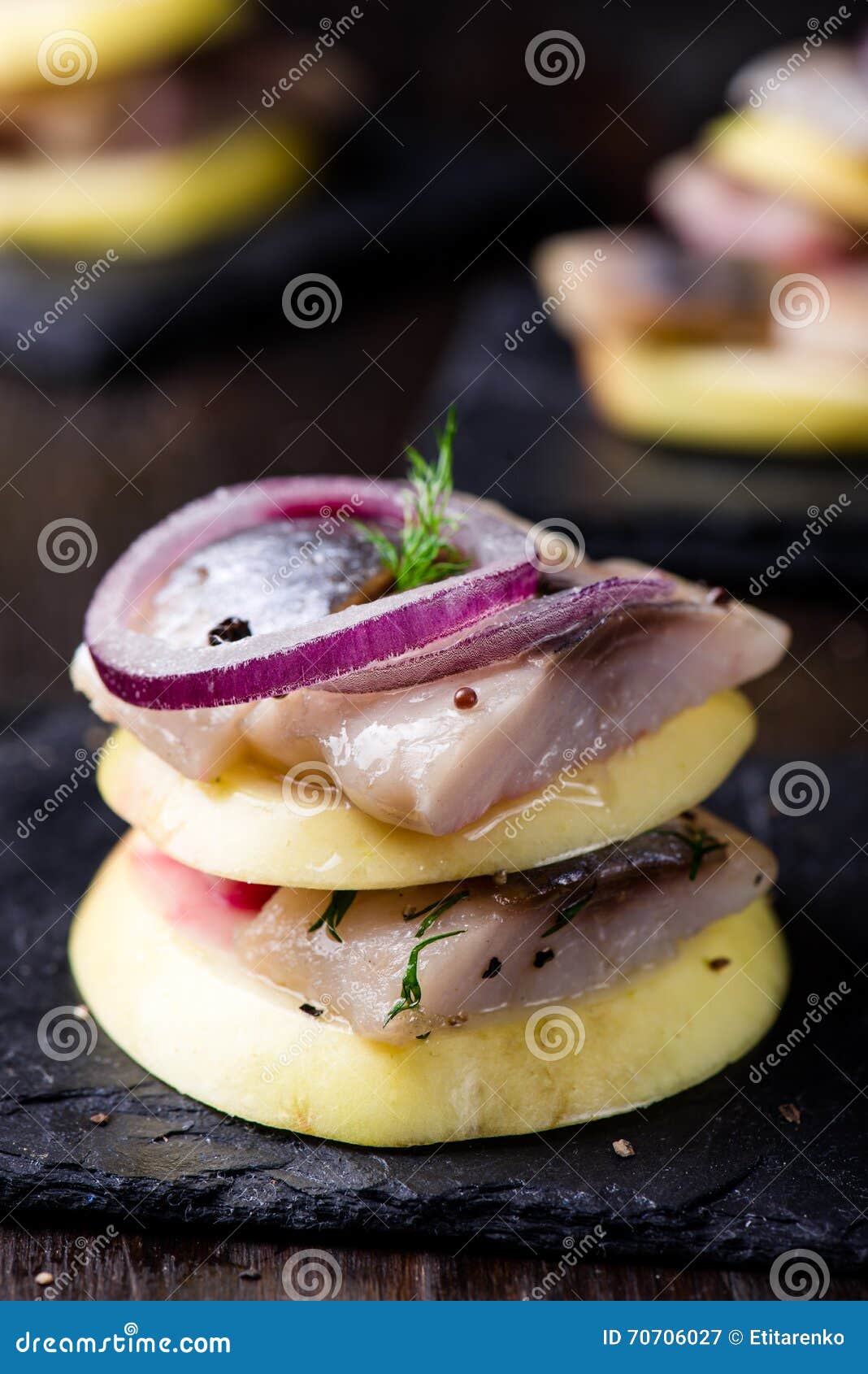 Appetizer Canape with Herring, Apples Stock Image - Image of cooking ...