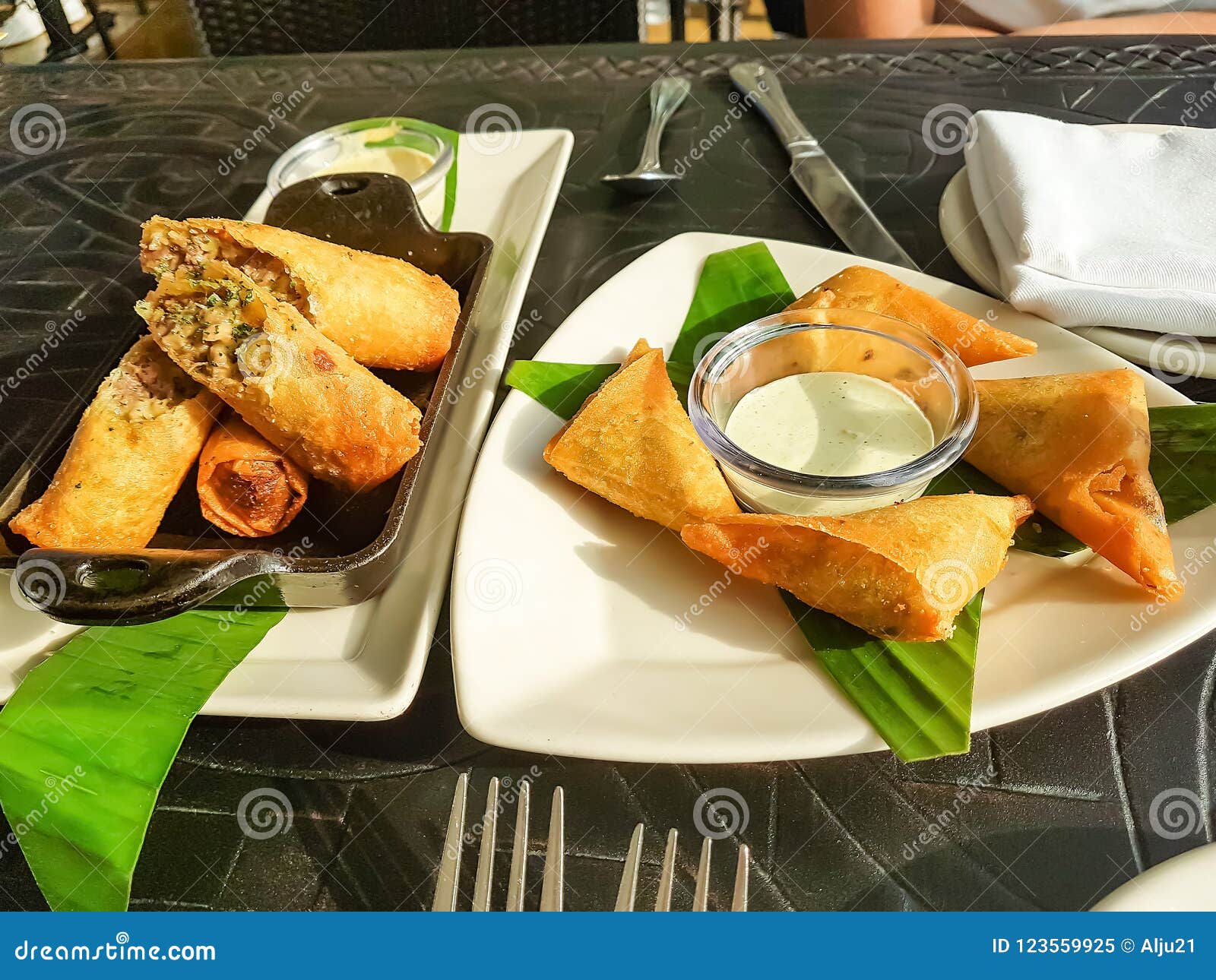 Appetizer Chicken Spring Roll and Samosa White Plate on Table at ...