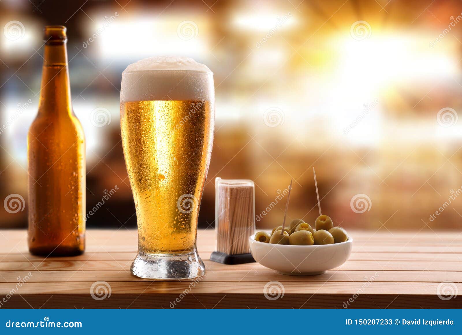 Appetizer with Glass Beer on Wooden Slatted Table in Pub Stock Image ...