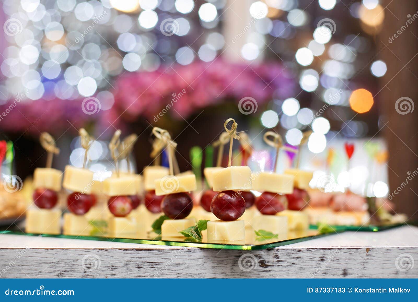 Appetizer of Grape, Pineapple Cubes and Cheese are on Wooden Skewers ...