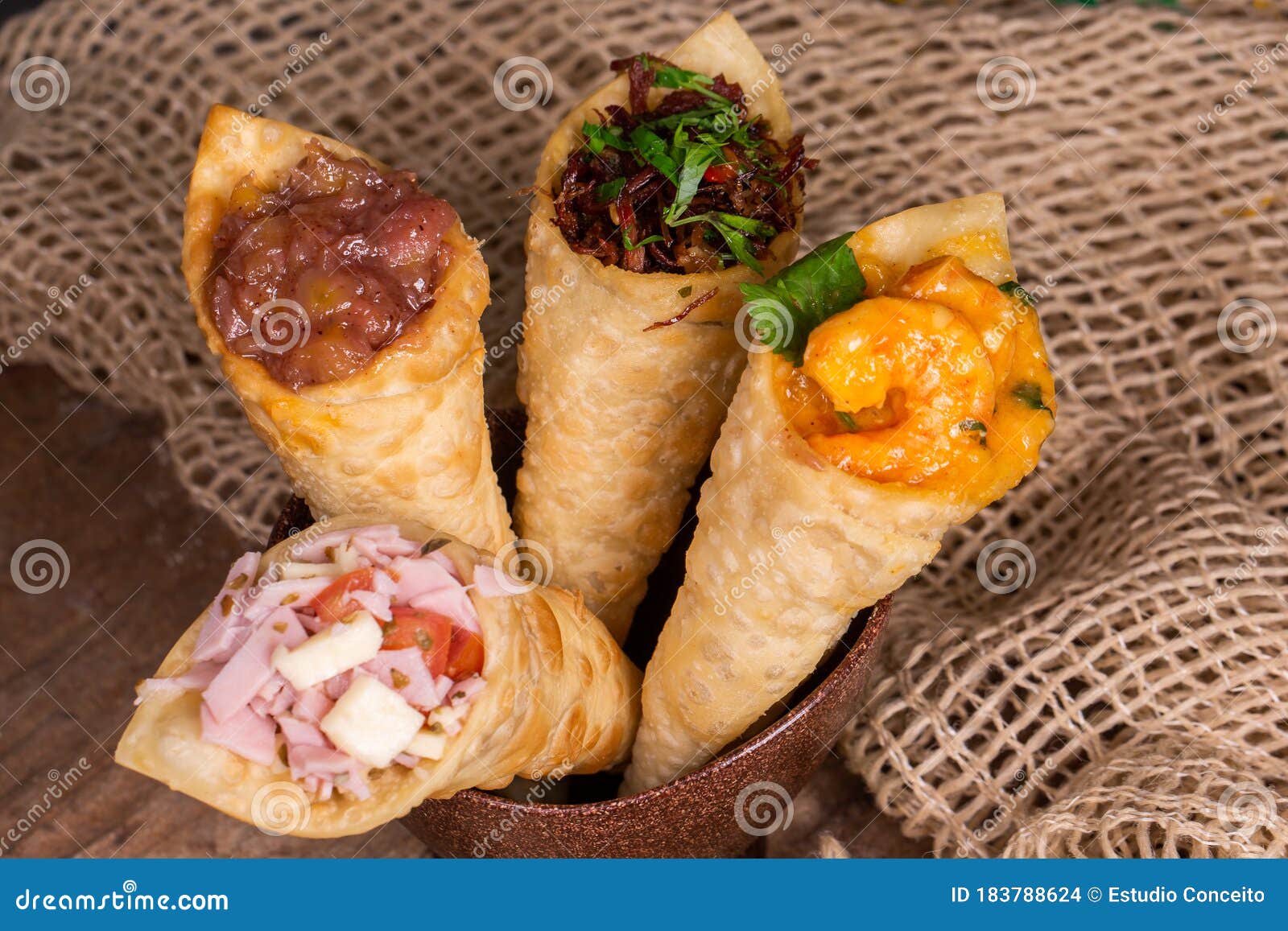 Appetizer Made of Pastry Cones, Filled with Various Fillings Stock ...