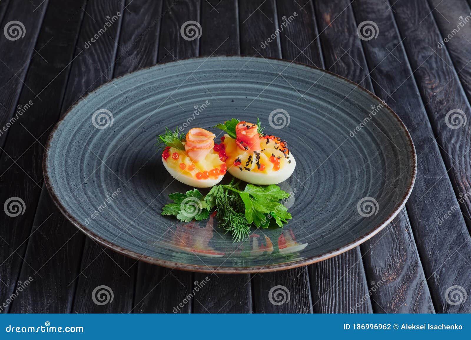Egg with ham and caviar stock photo. Image of health - 186996962