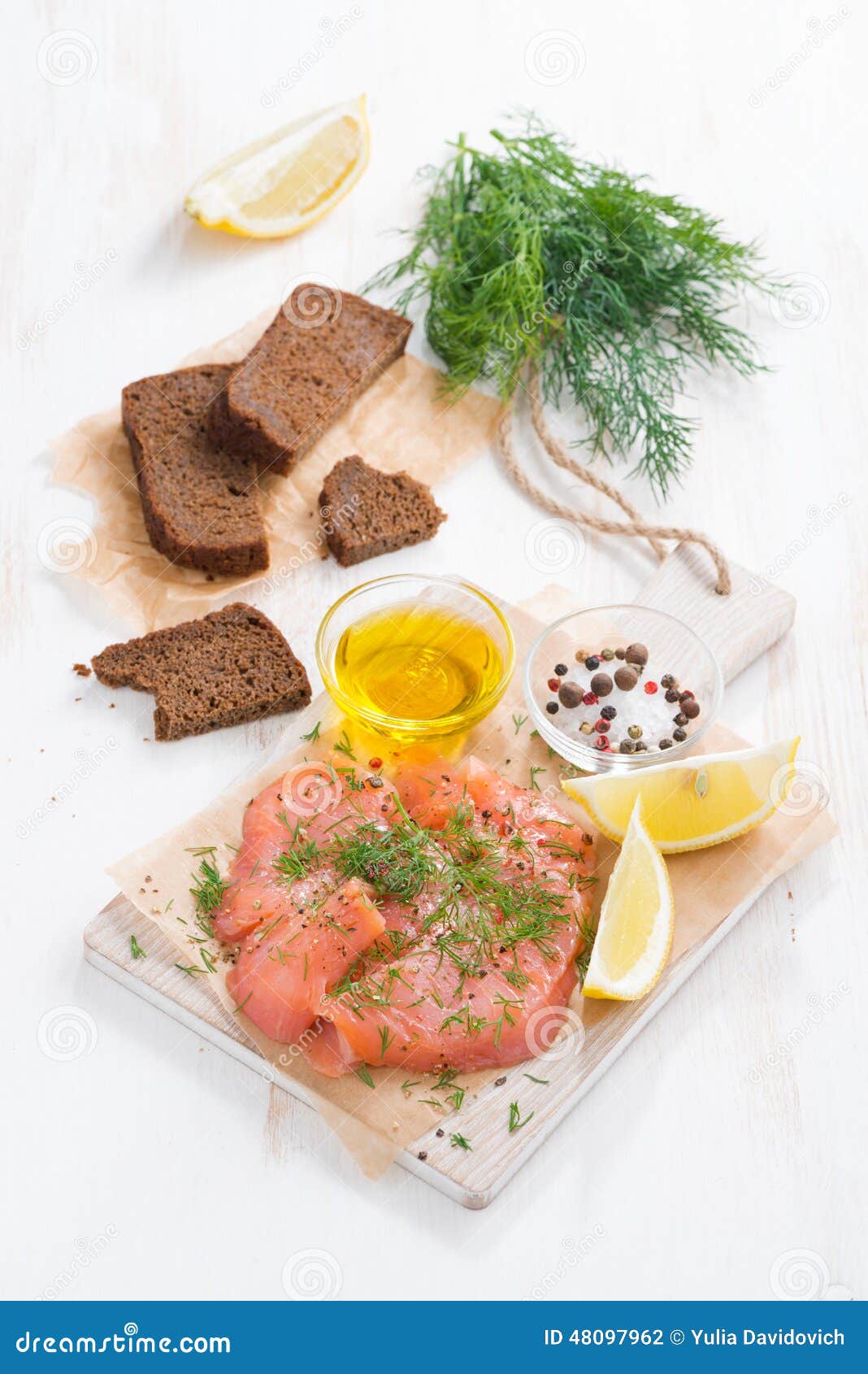 Appetizer - Salted Salmon, Bread and Ingredients on a Board Stock Photo ...