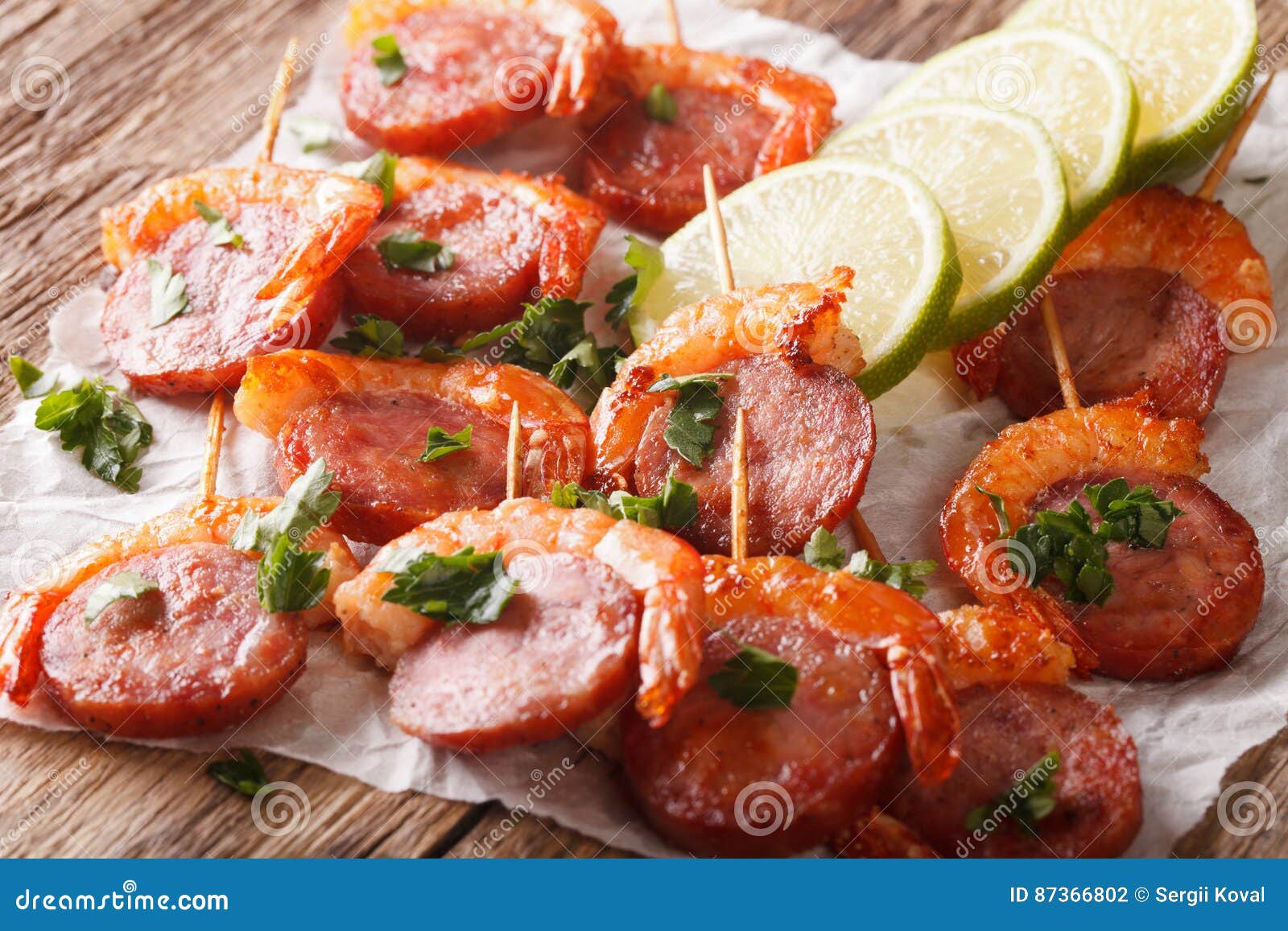 Appetizer of Shrimp and Chorizo on Skewers Close-up. Horizontal Stock ...