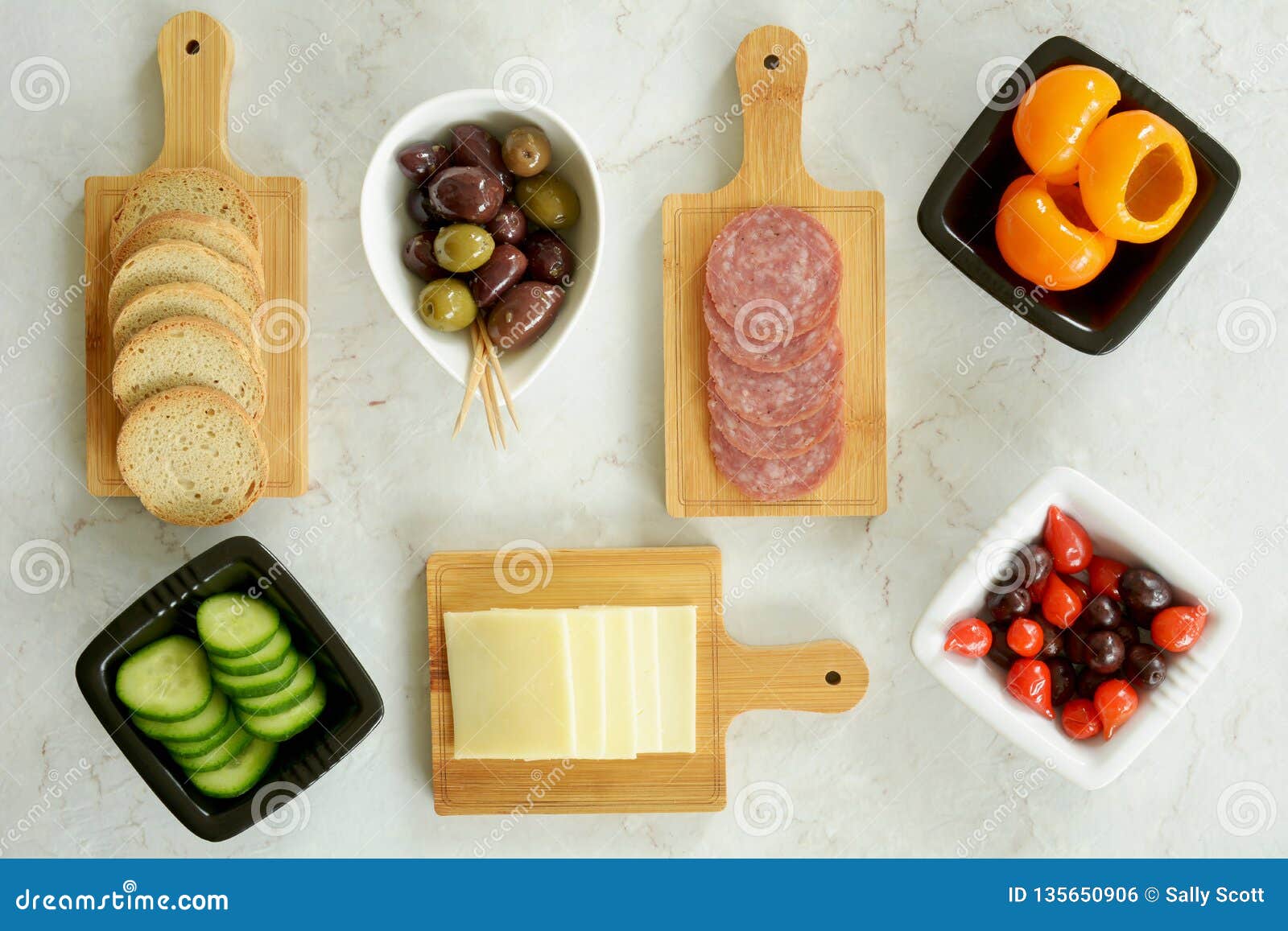 Appetizers in flat lay stock photo. Image of olives - 135650906