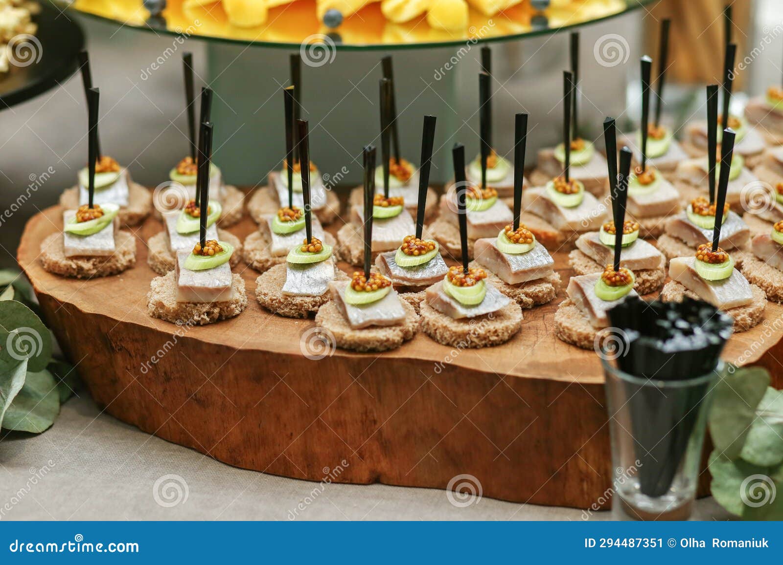Appetizers Made of Herring, Leek and Brown Bread Stand. Catering Buffet ...