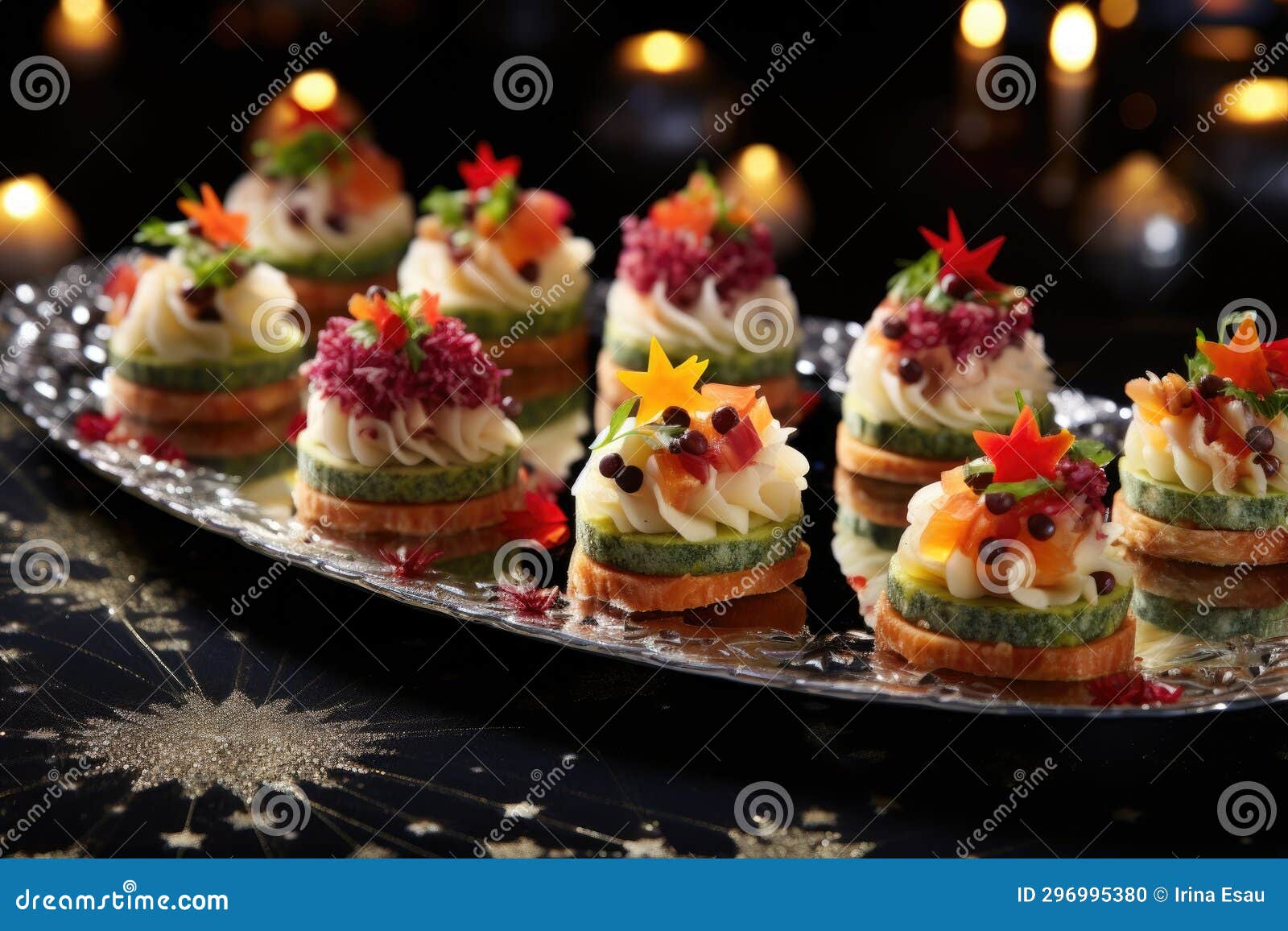 Appetizers with Salmon, Vegetables, and Star Garnishes on a Dish Stock ...
